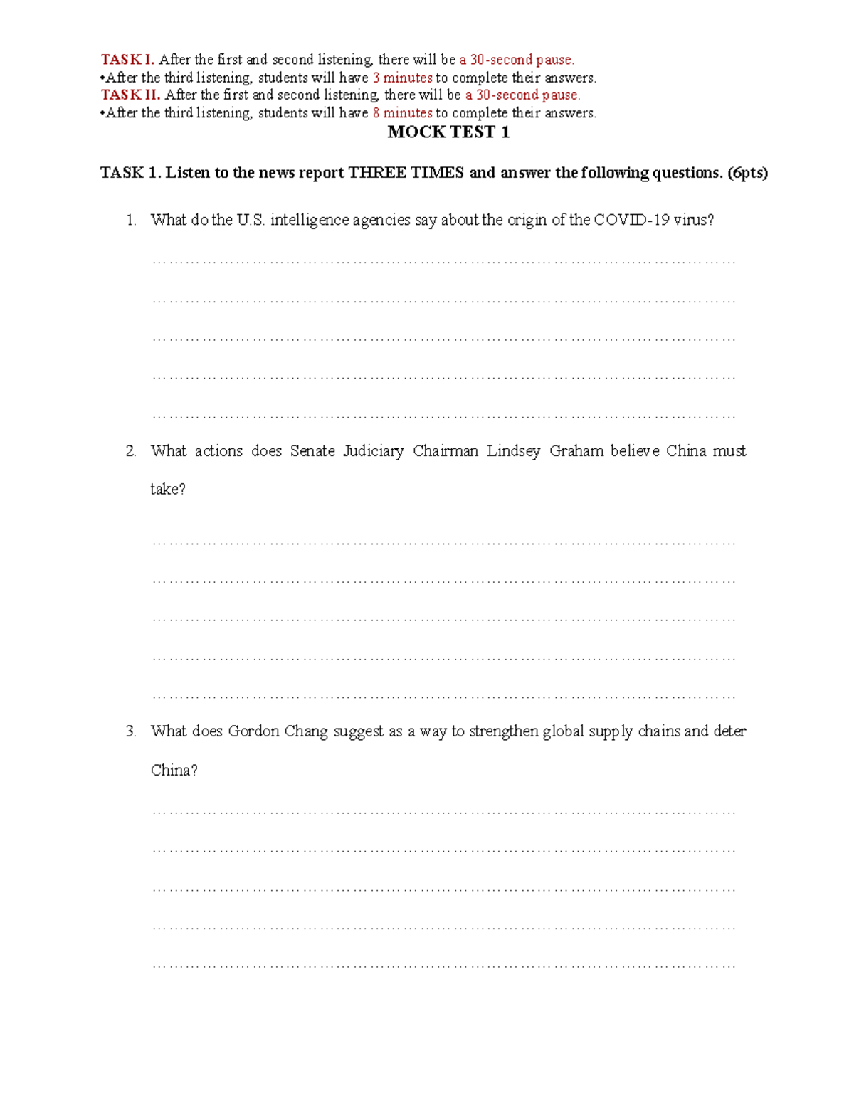 MOCK TEST 1 - Listening Comprehension Tasks and Questions - Studocu