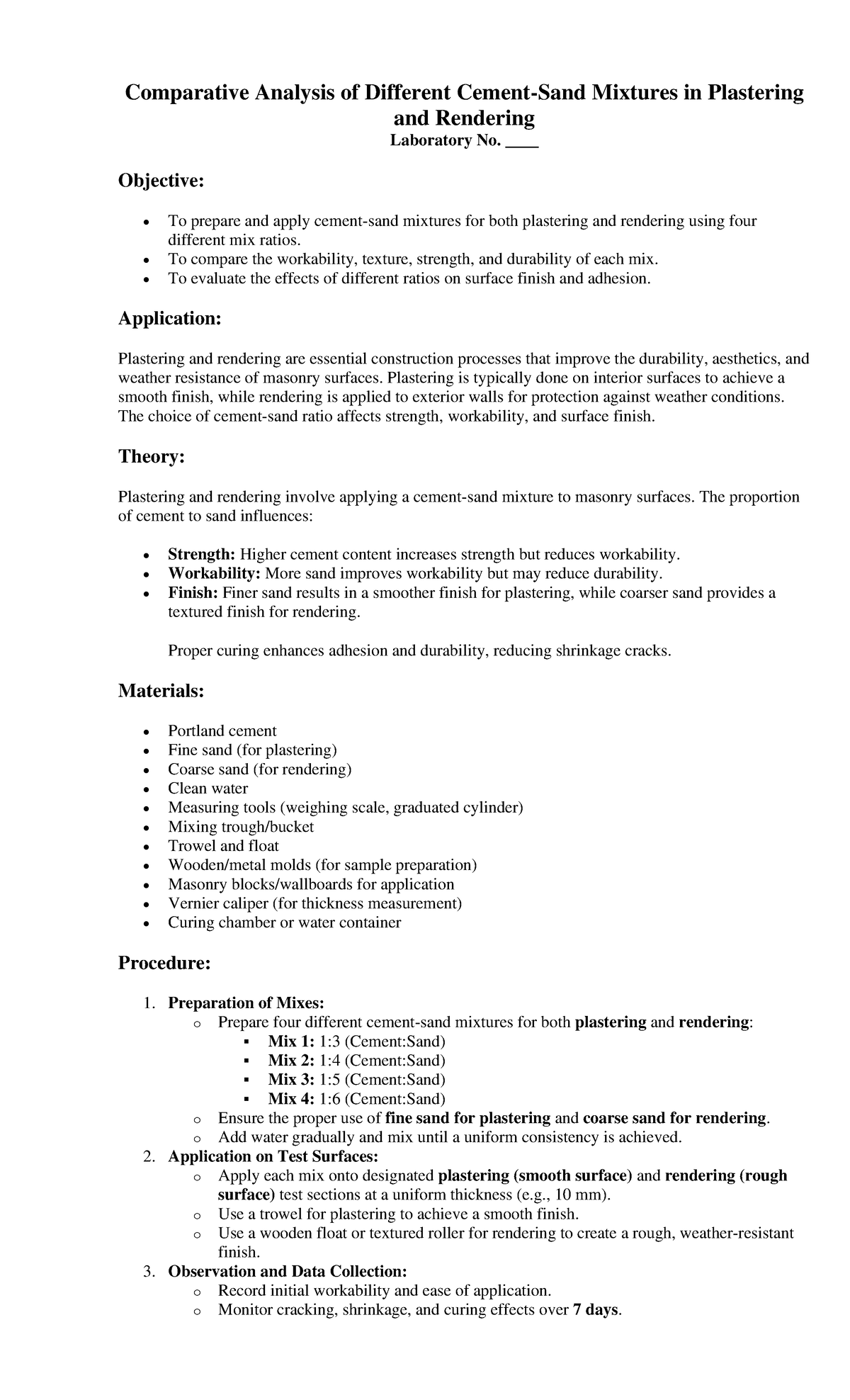 LAB 1 - Comparative Analysis of Plastering & Rendering Mixtures - Studocu