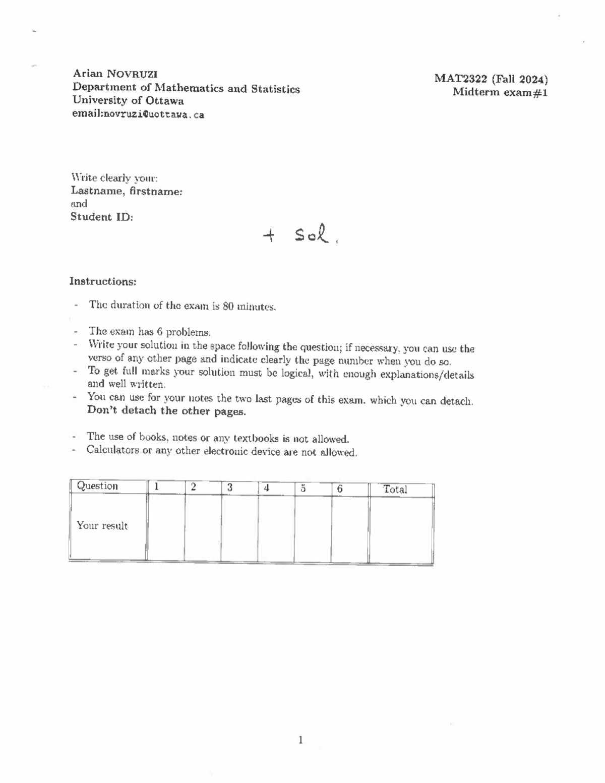 MAT2322 (Fall 2024) Midterm Exam Solutions - University of Ottawa - Studocu