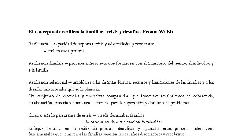 Resiliencia Familiar: Crisis y Desafíos según Froma Walsh - Studocu