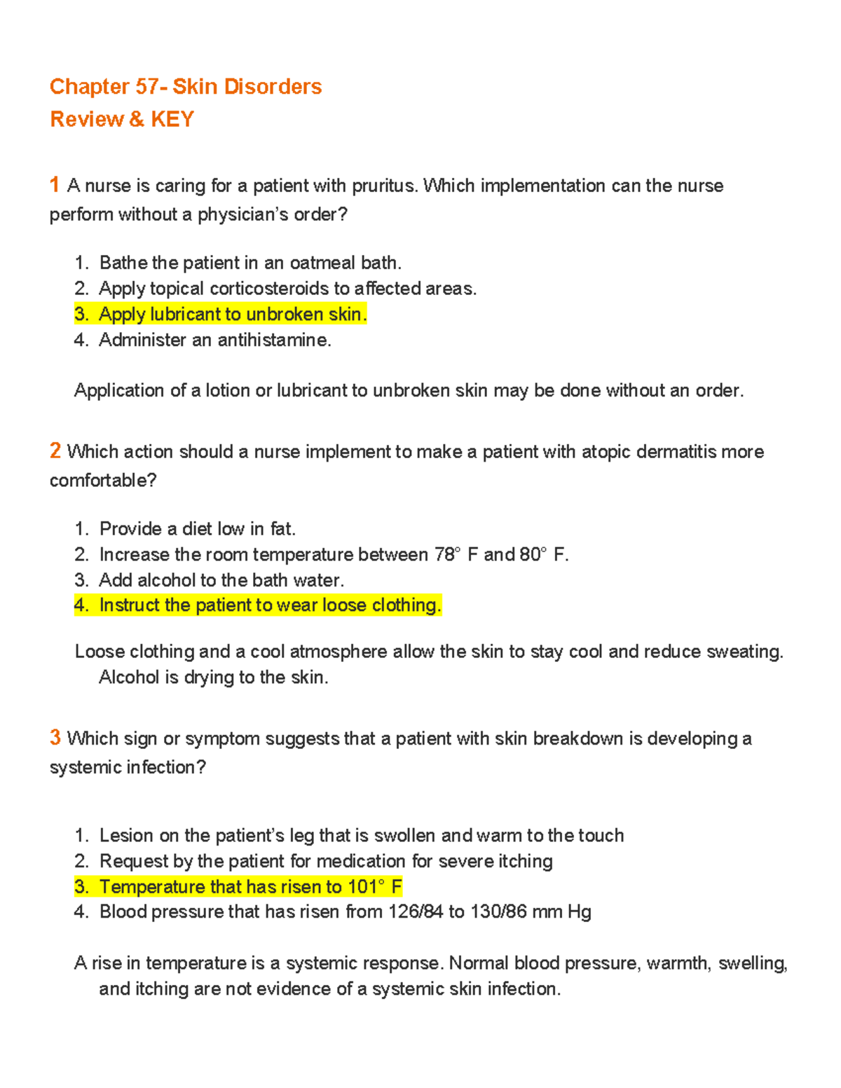 Chapter 57 Review KEY: Skin Disorders and Nursing Interventions - Studocu