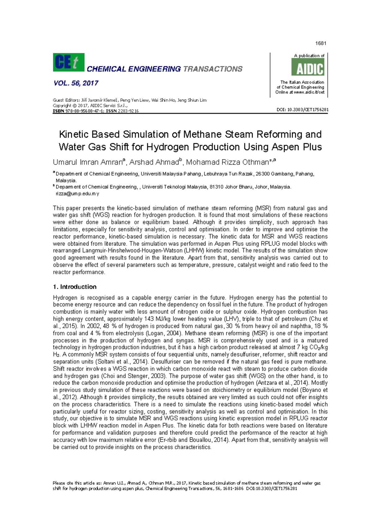 Kinetic Simulation of Methane Steam Reforming & WGS for H2 Prod. (CHEM ...