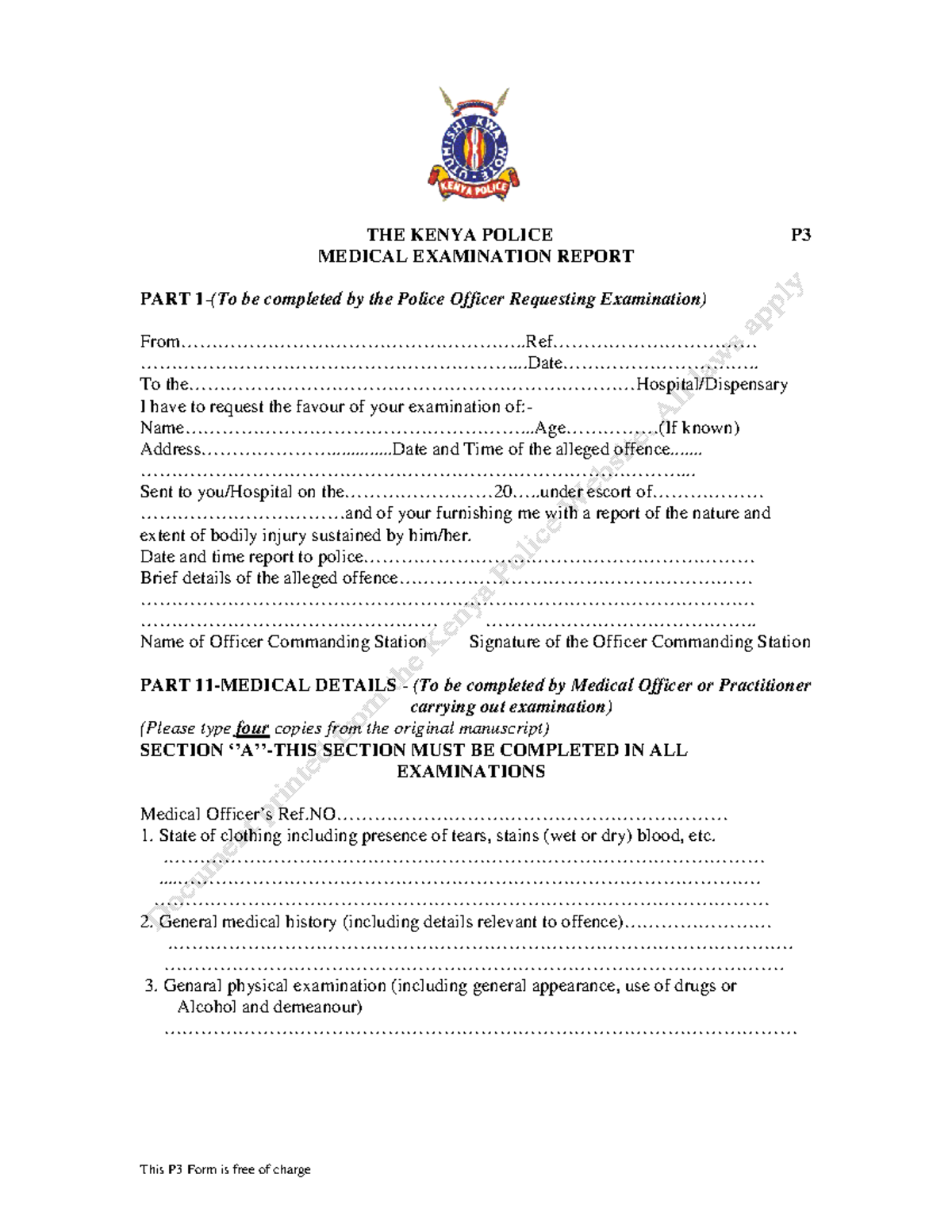 P3 Medical Examination Report for Police Officers - Kenya - Studocu