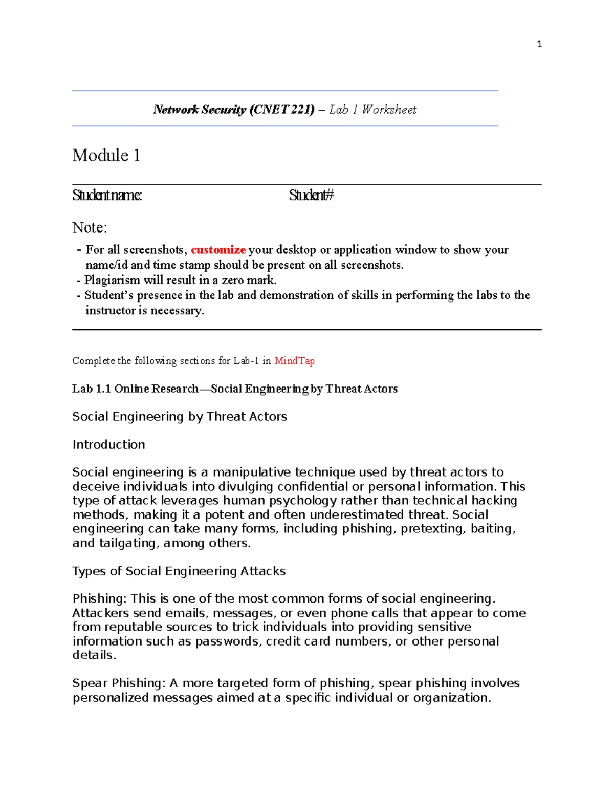 Lab 1 - Network Security (CNET 221) Worksheet on Social Engineering ...