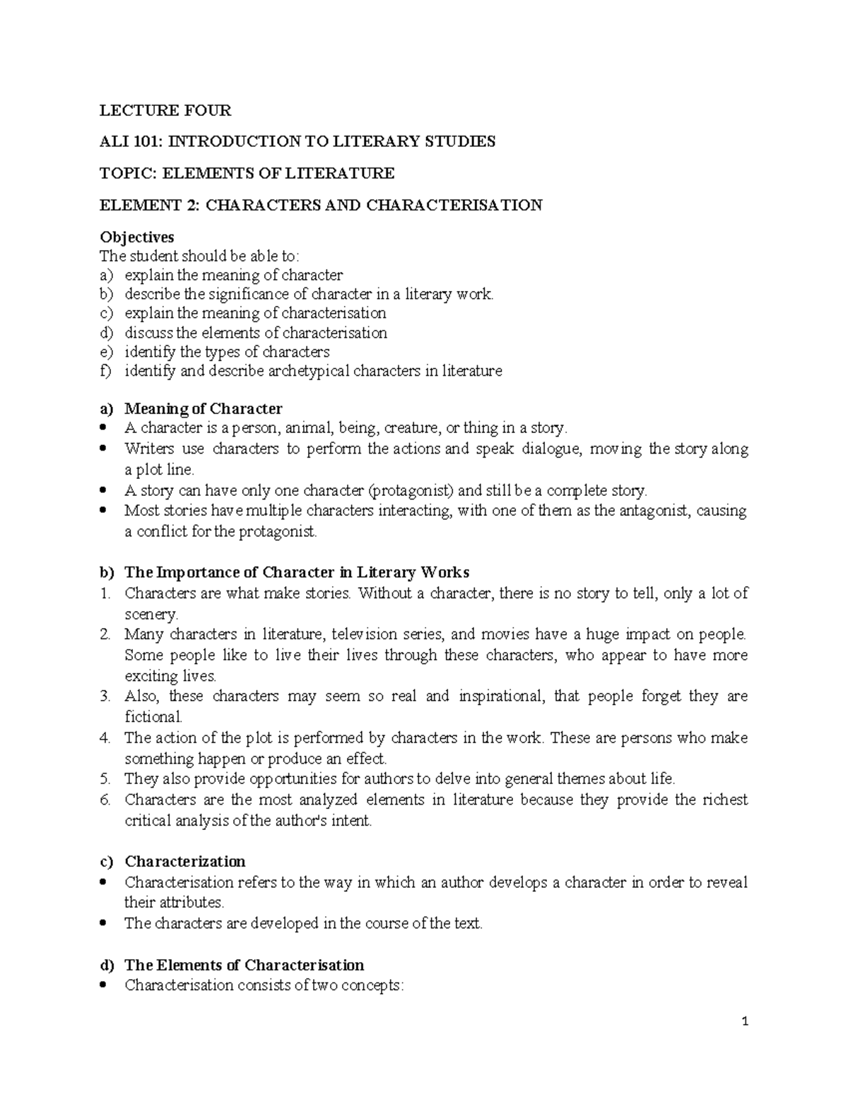 LECTURE 5 ALI 101: ELEMENTS OF LITERATURE - CHARACTERS ...