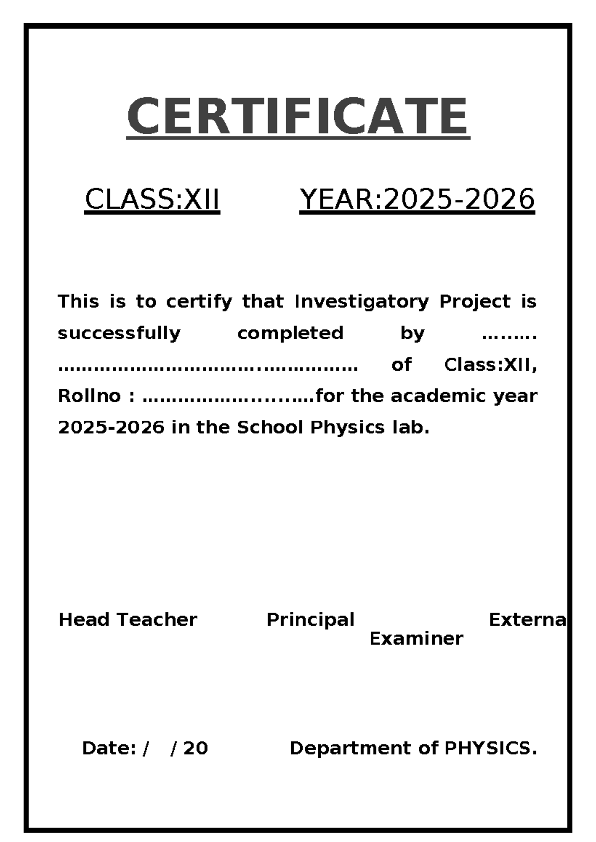 Physics Investigatory Project Certificate - Class XII - Studocu