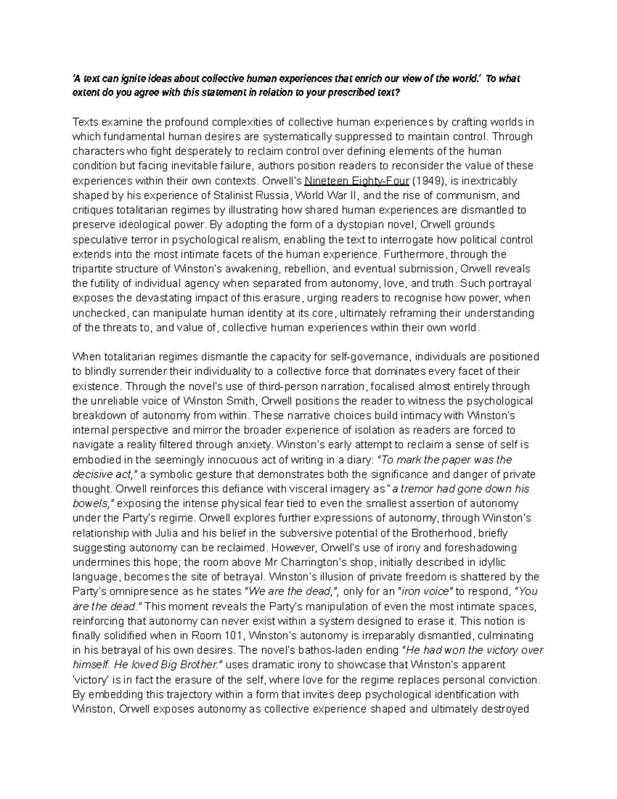 Common Module Essay: Exploring Collective Human Experiences in 1984 ...