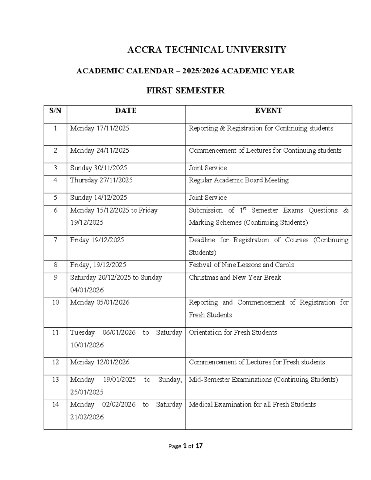 ACCRA TECHNICAL UNIVERSITY ACADEMIC CALENDAR 2025-26 - Studocu