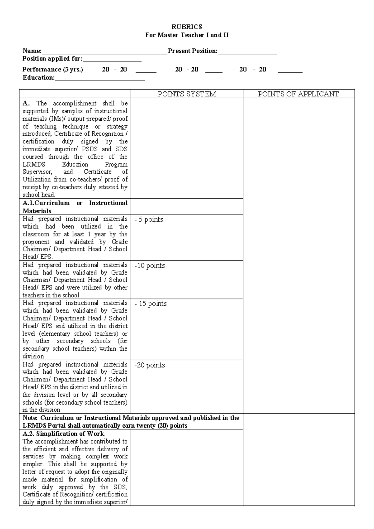 Rubrics MTI MT2 MEC 10 s - Lesson plan - RUBRICS For Master Teacher I ...