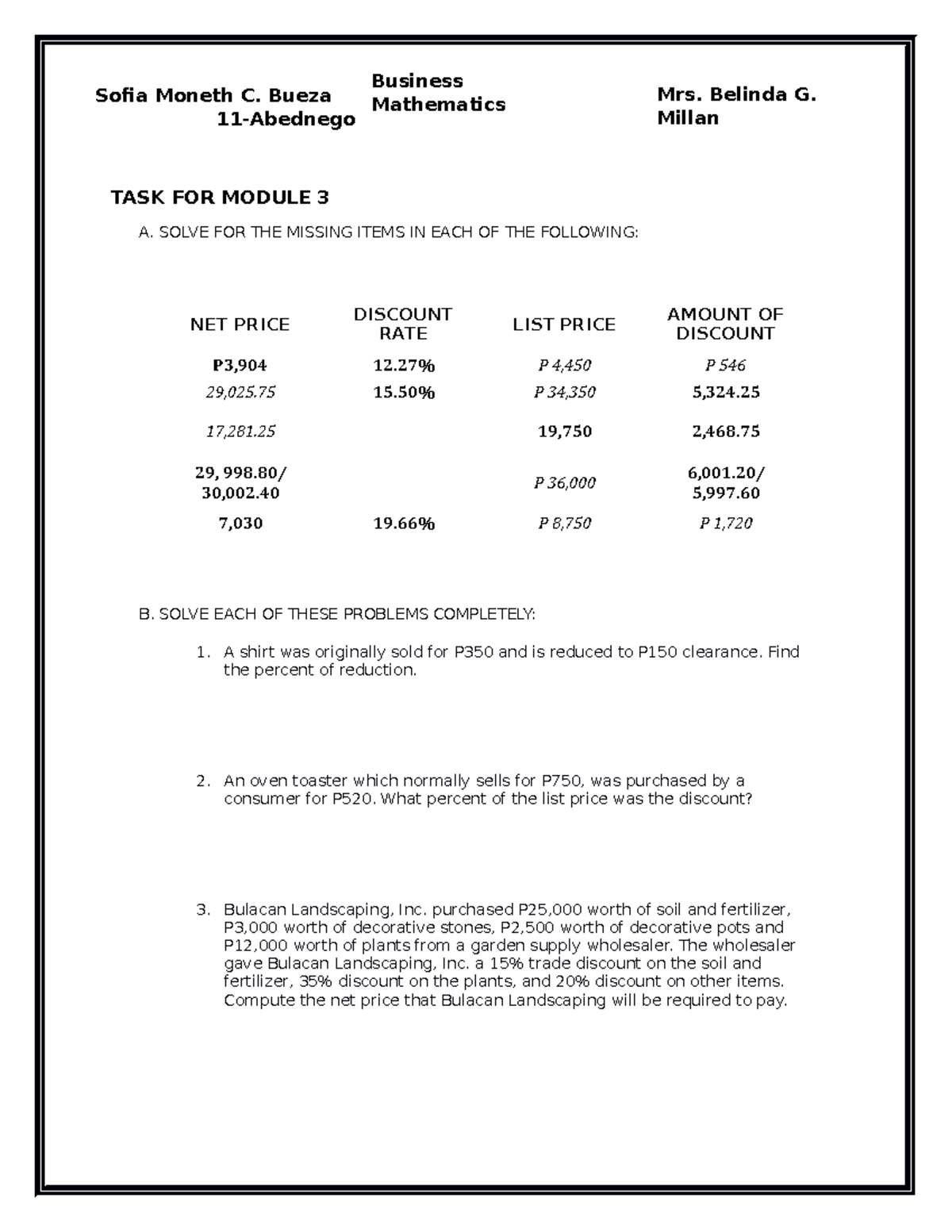 Module 3 - Business Mathematics - TASK FOR MODULE 3 A. SOLVE FOR THE ...