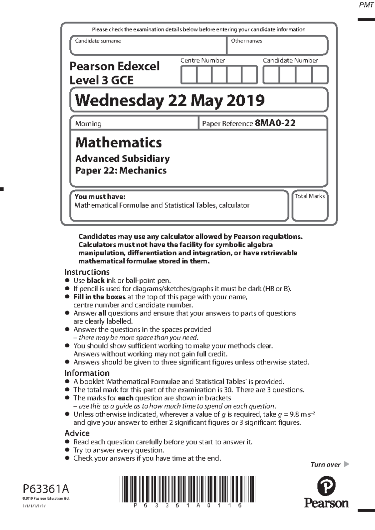 June 2019 Mechanics Paper (8MA0) - Question Paper Analysis - Studocu