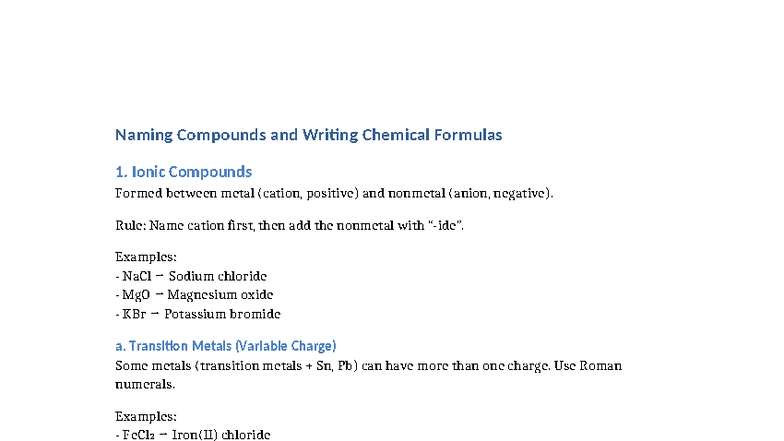 Naming Compounds and Writing Chemical Formulas: Ionic & Covalent - Studocu