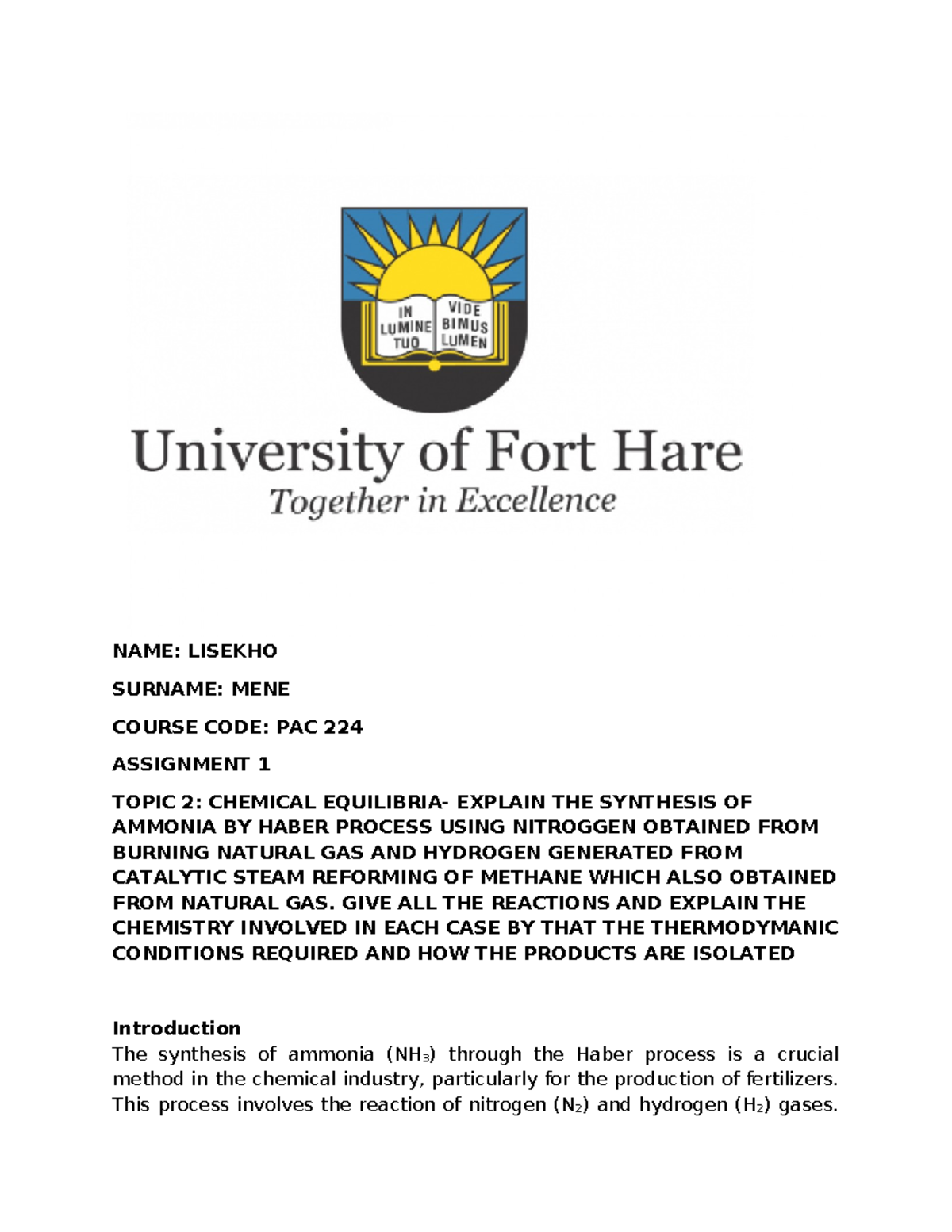 Topic 2 - Assignment - NAME: LISEKHO SURNAME: MENE COURSE CODE: PAC 224 ASSIGNMENT 1 TOPIC 2 ...