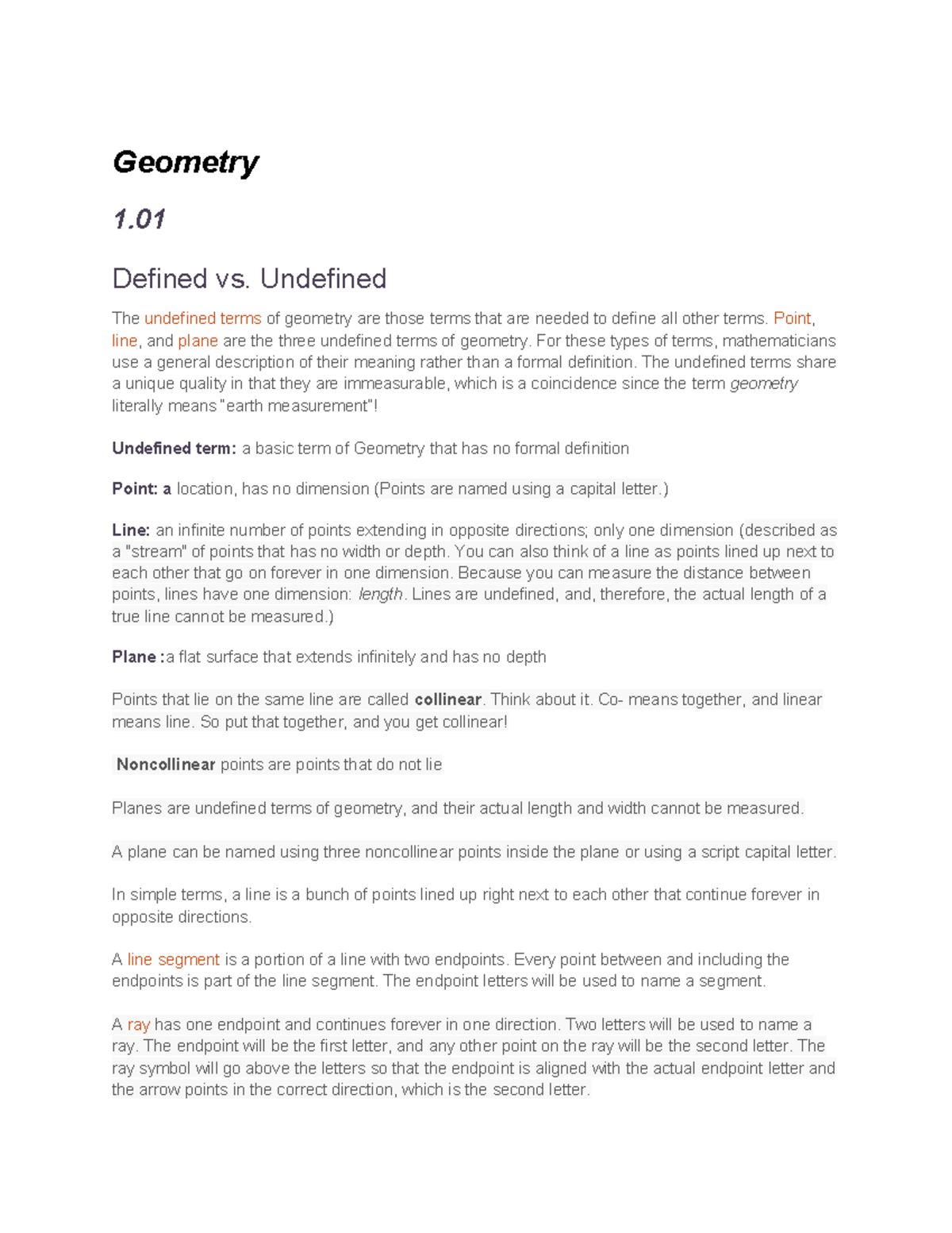 Geometry 1.01: Defined and Undefined Terms Explained - Studocu