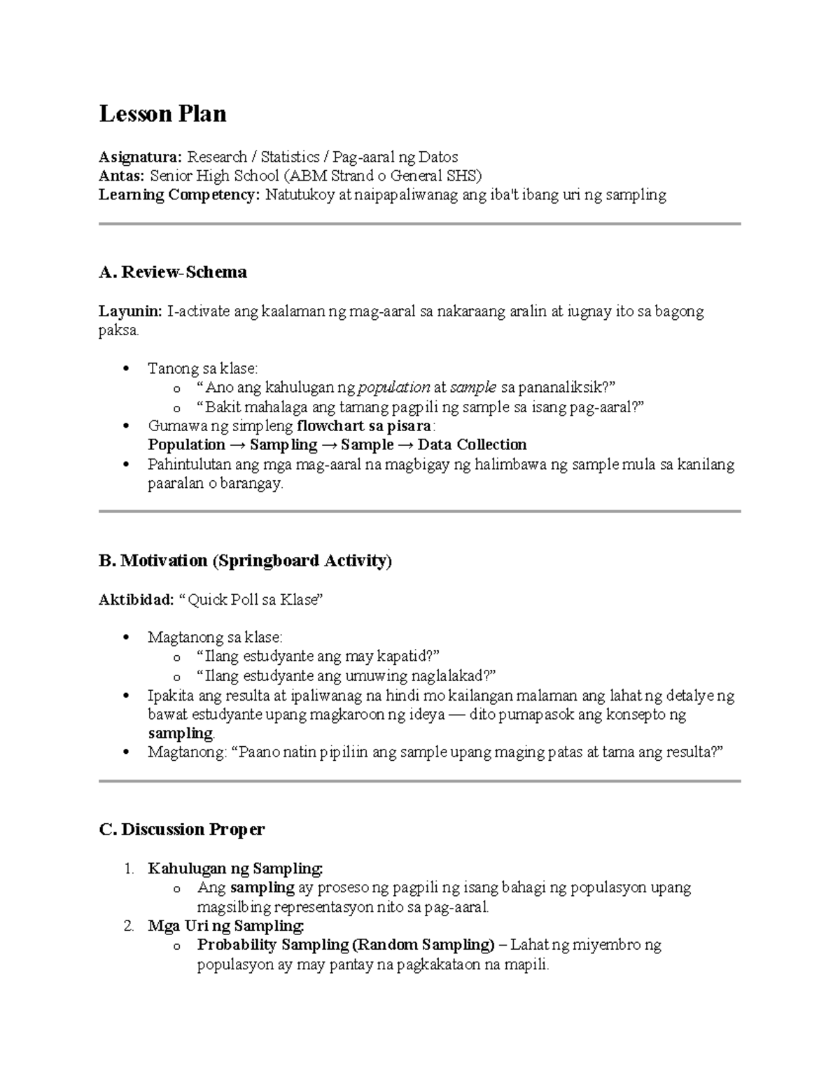 Lesson Plan: Sampling Methods in Research Statistics (Senior HS) - Studocu