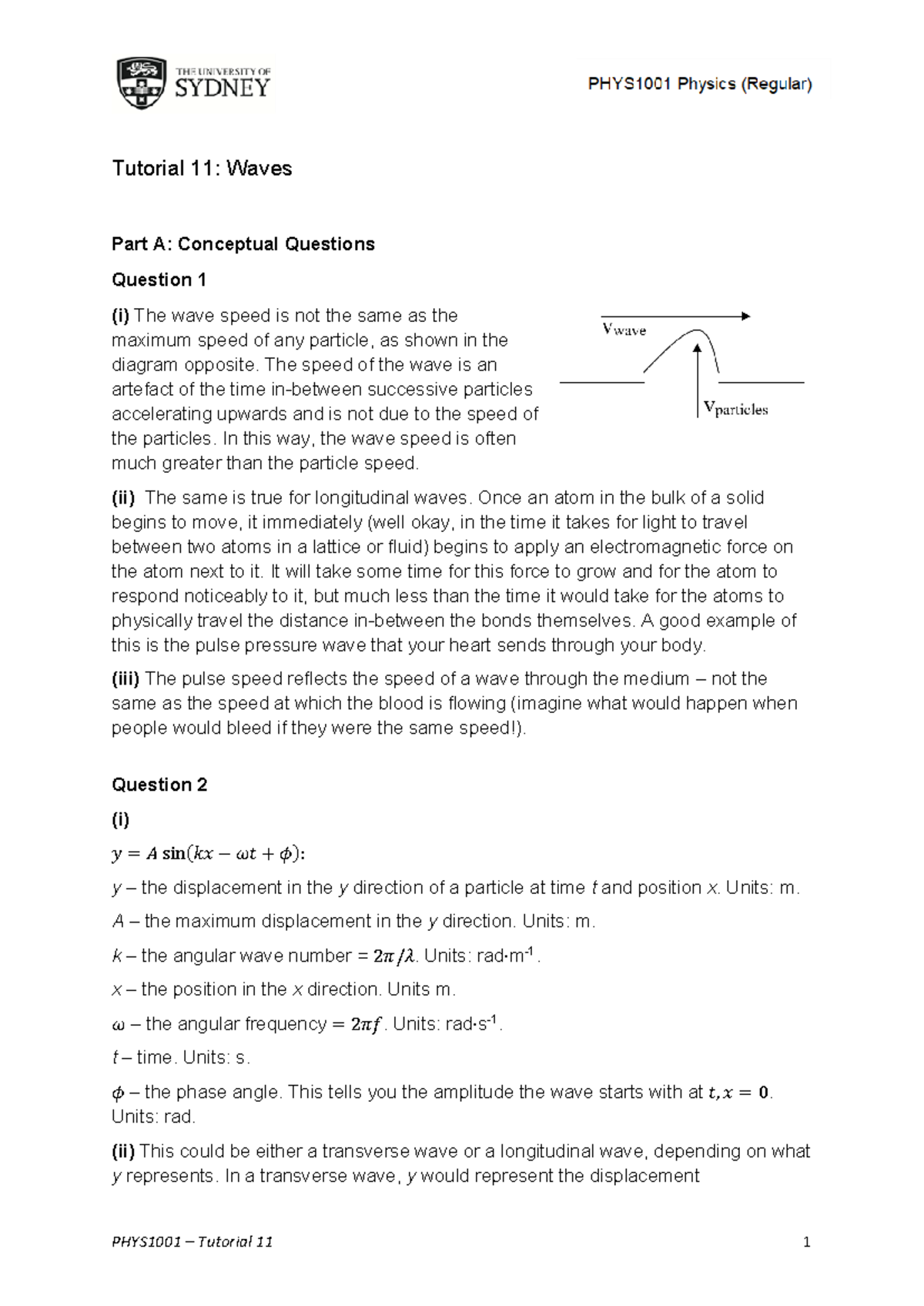PHYS1001 Tutorial 11: Waves - Solutions to Conceptual Questions - Studocu