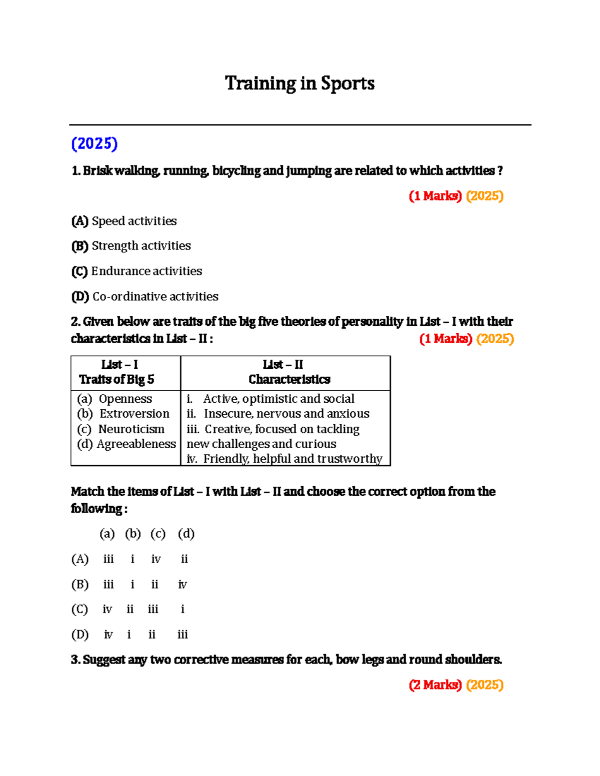 Training in Sports: Key Concepts and Exam Questions (2025) - Studocu