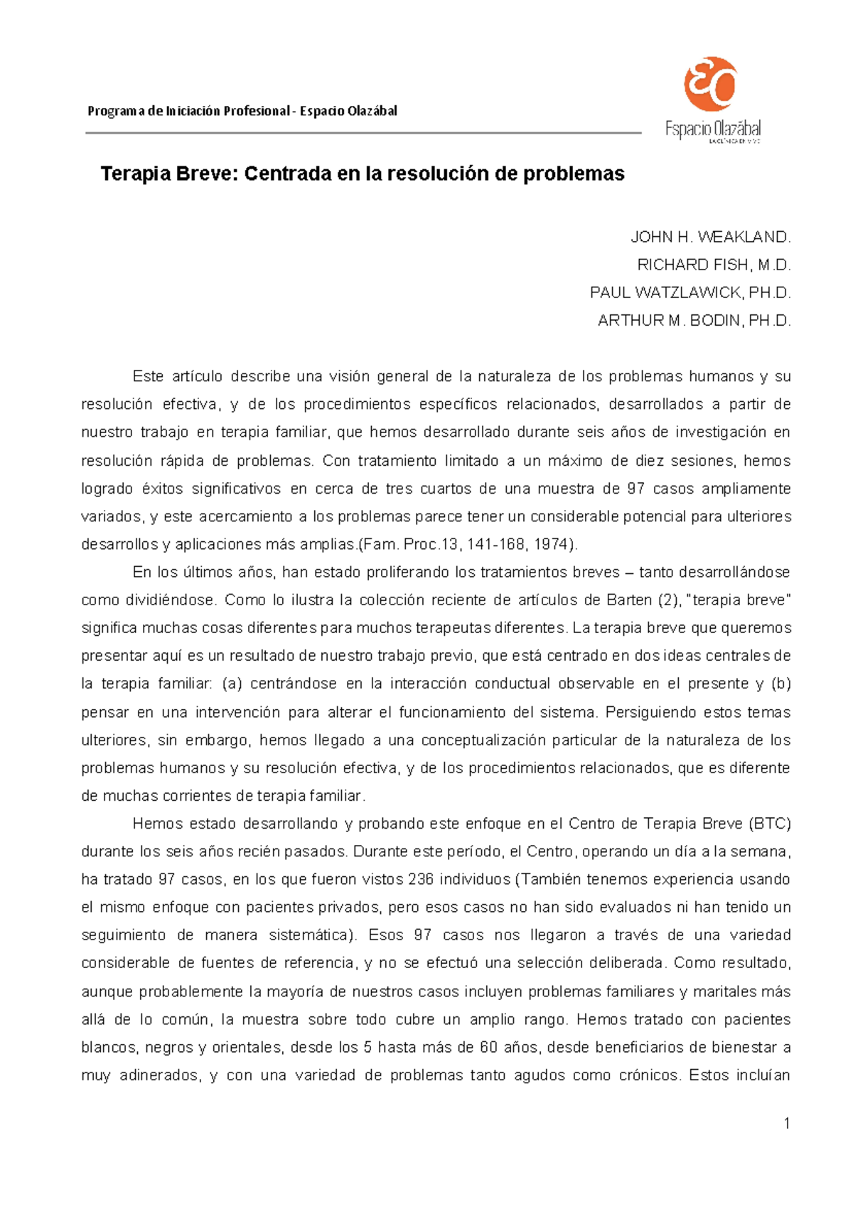 Terapia Breve Centrada en la resolución de problemas JOHN H. Weakland ...