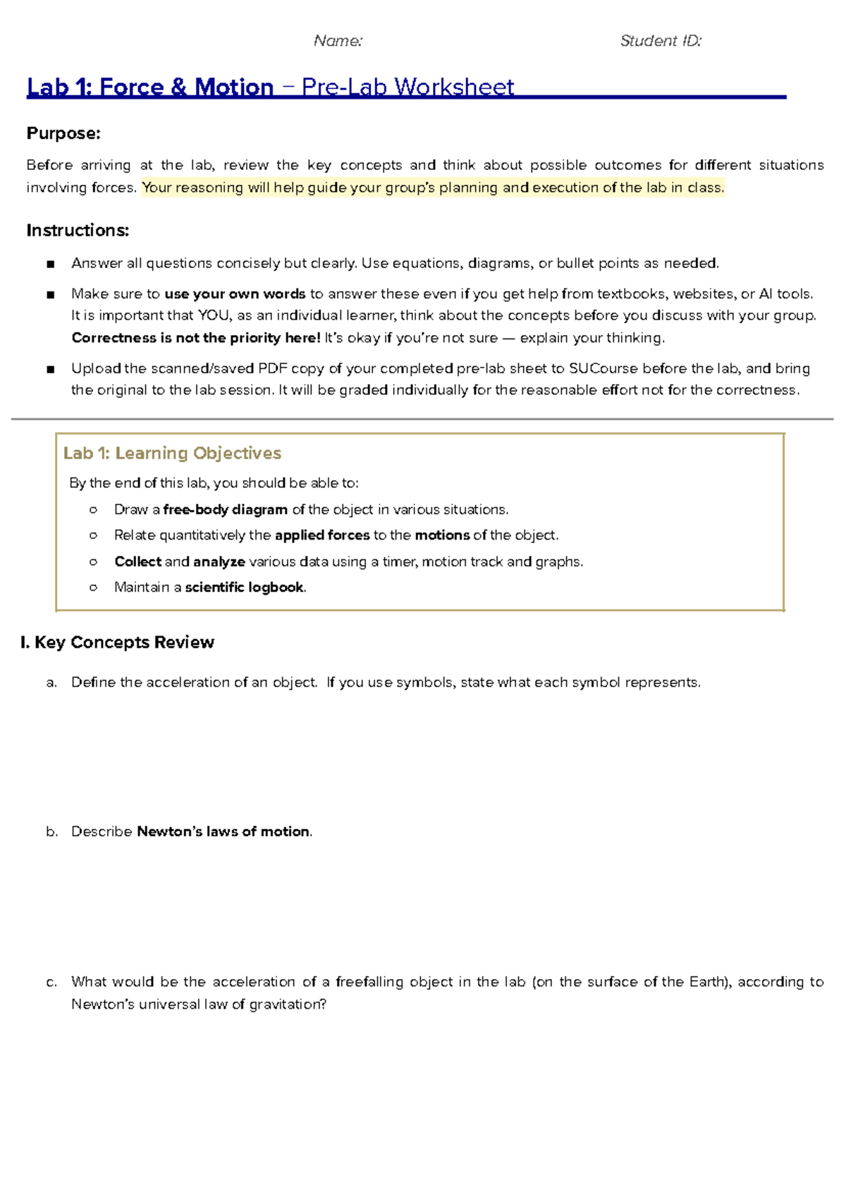 Lab 1: Pre-Lab Worksheet on Forces and Motion Concepts - Studocu
