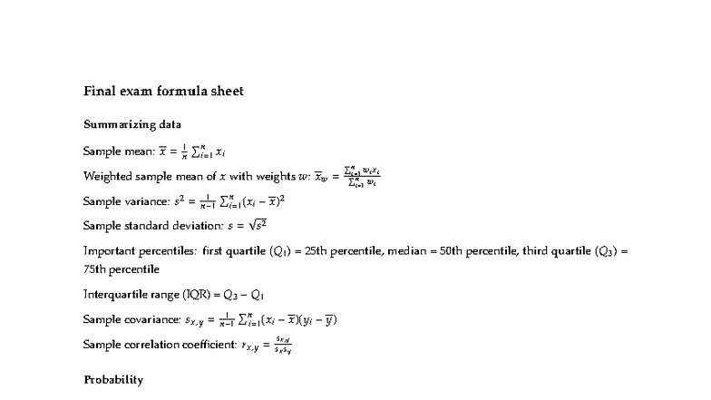 Final Exam Formula Sheet for Statistics Concepts and Calculations - Studocu