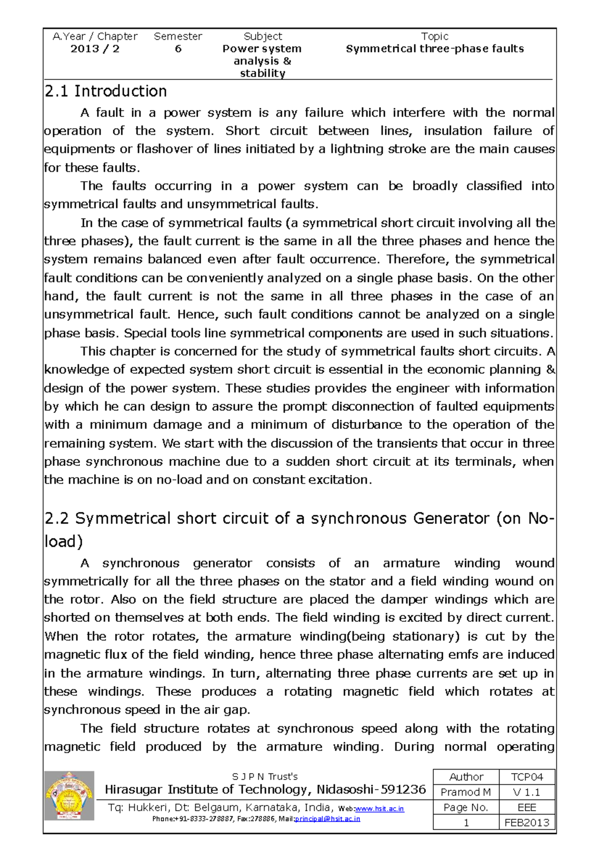 PSA Module-2: Symmetrical Faults in Power System Analysis - Studocu