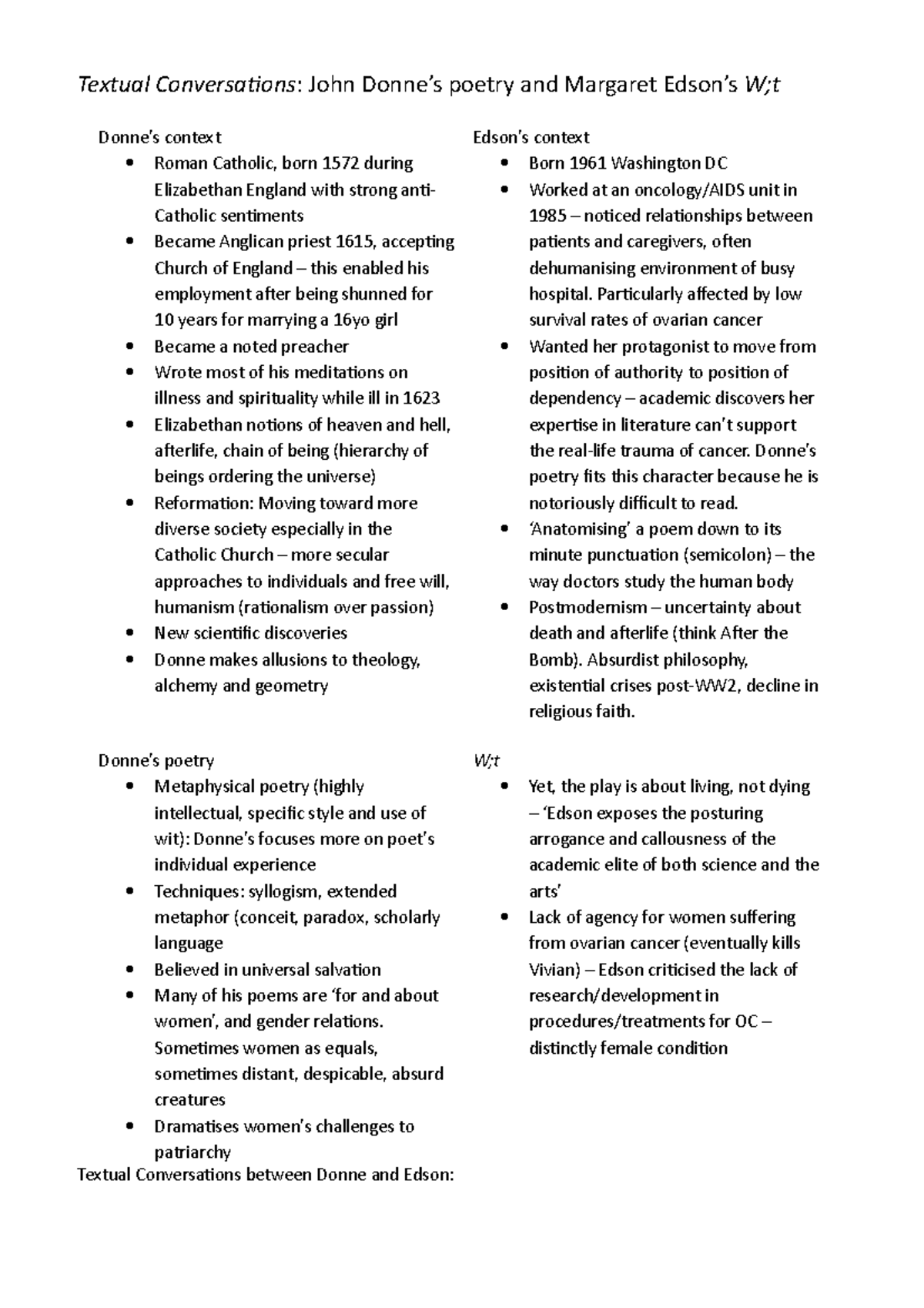 Mod A Textual Conversations: John Donne's poetry vs Margaret Edson's W ...