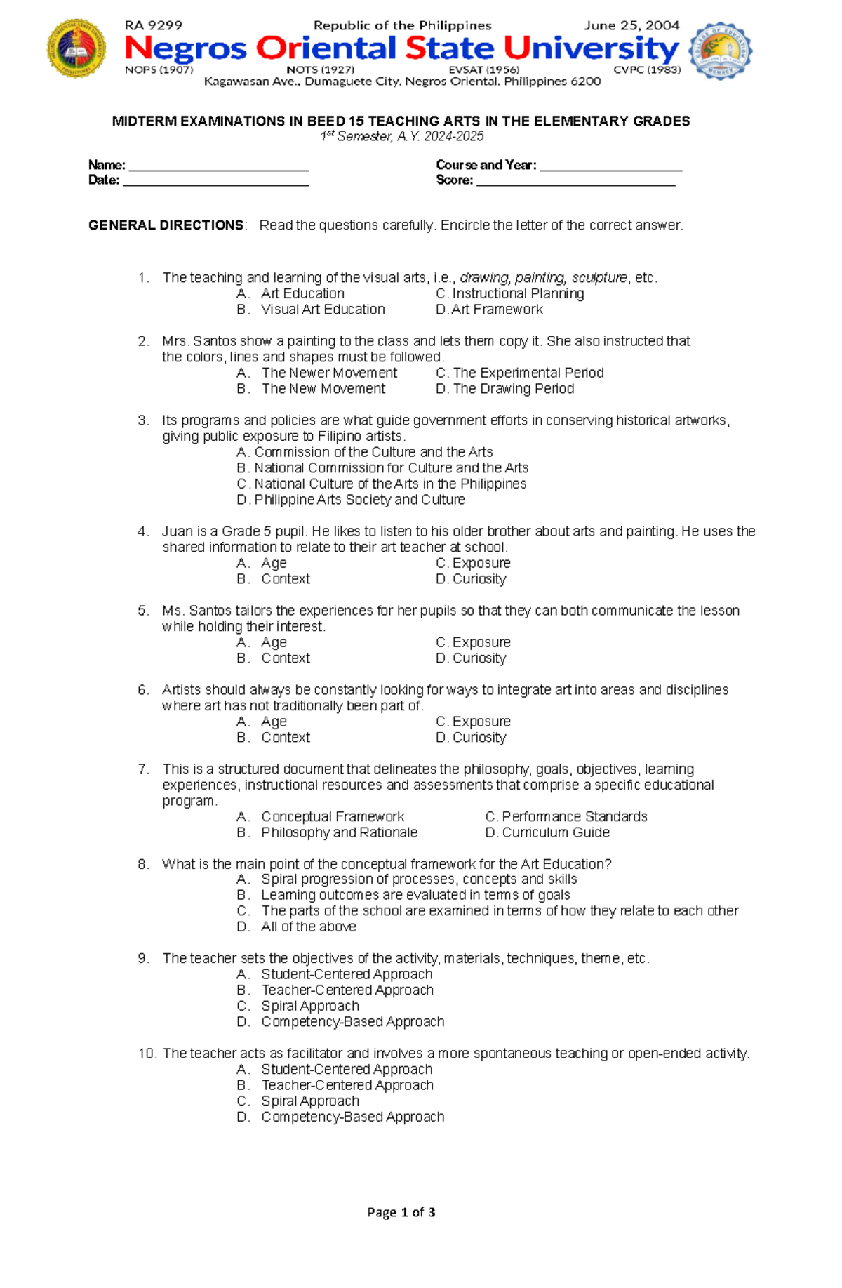 BEED 15 - Midterm Exam on Teaching Arts in Elementary Grades - Studocu