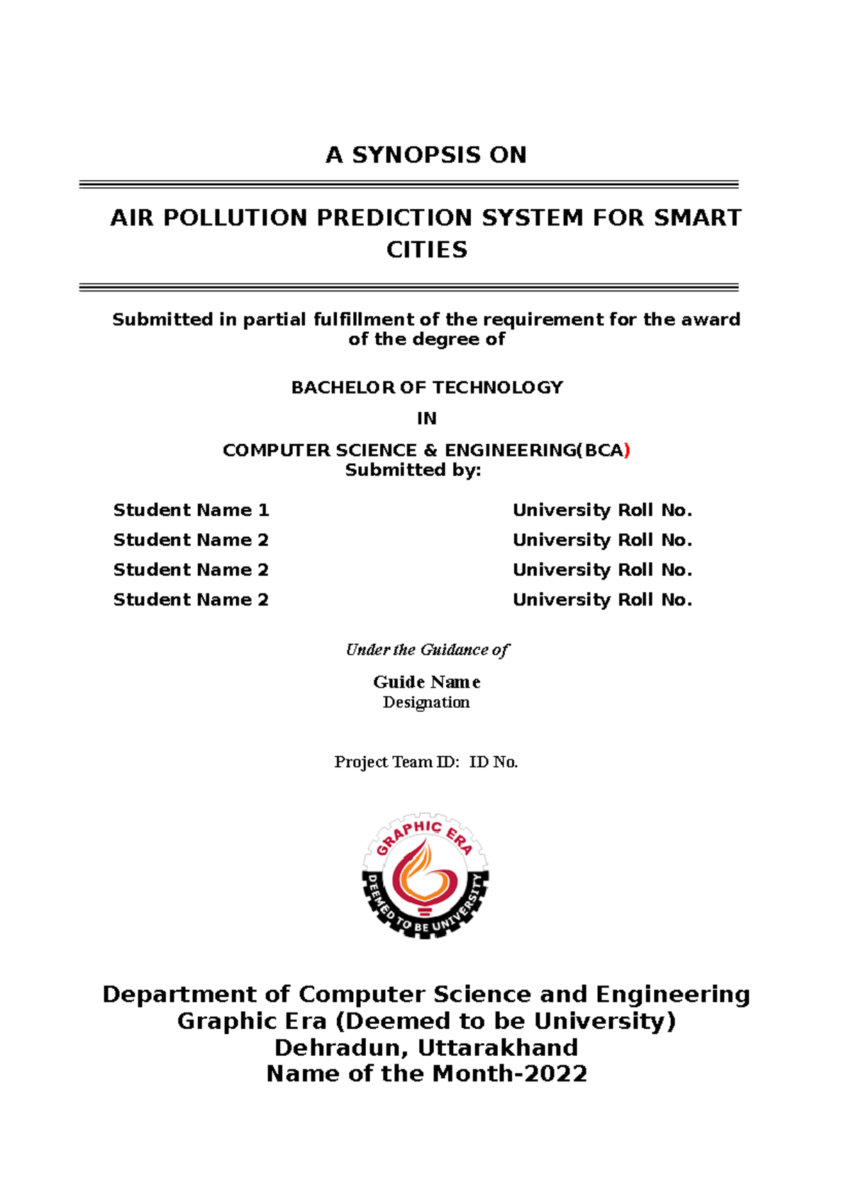 CSE B.Tech Major Project Synopsis: Air Pollution Prediction System - Studocu