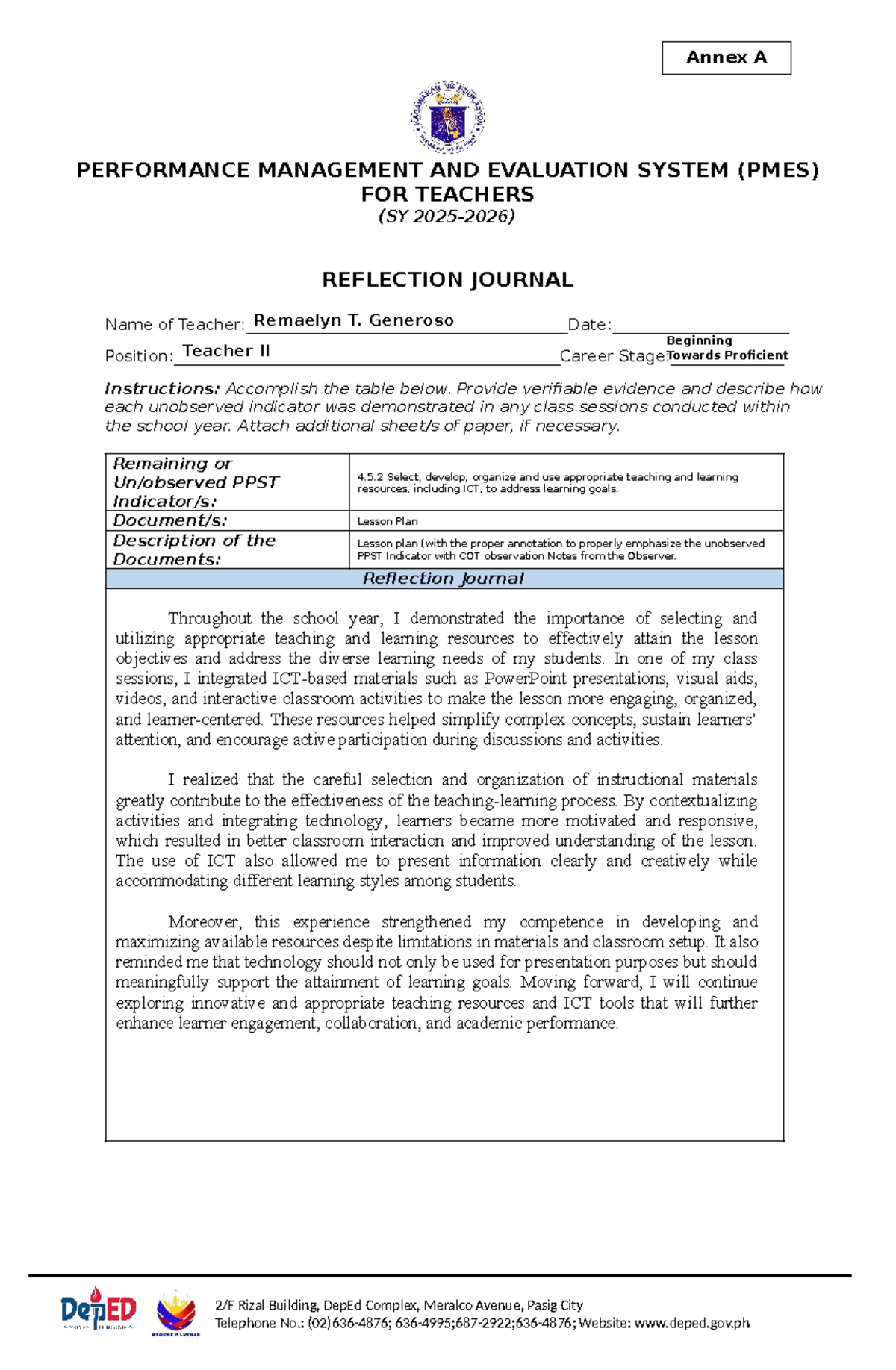 PMES for Teachers: Reflection Journal on ICT Integration - Studocu