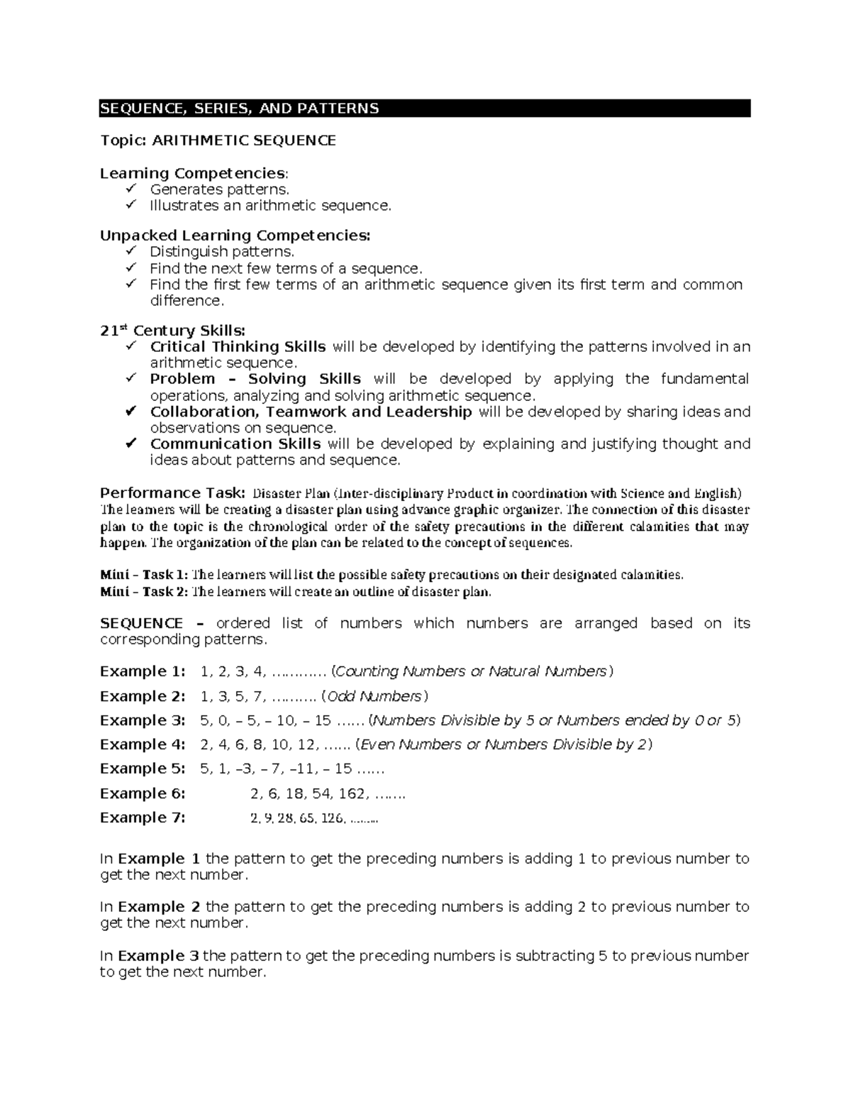 Sequence - MODULE - SEQUENCE, SERIES, AND PATTERNS Topic: ARITHMETIC ...