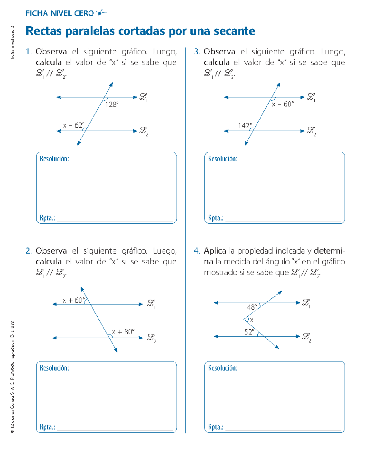 F0 Ángulos formados por dos rectas paralelas y una secante - Ficha nivel cero 3 © Ediciones ...