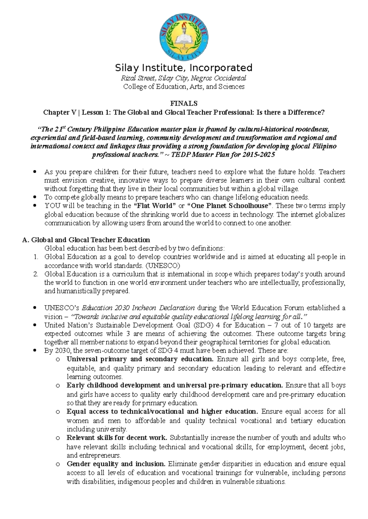 EEP 05 Finals Chapter 5 Lesson 1: The Global vs. Glocal Teacher ...