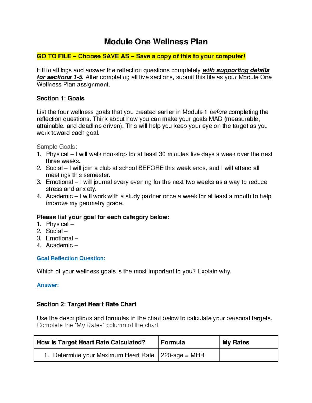 Wellness Plan - Just the rubric and assignment - Module One Wellness ...