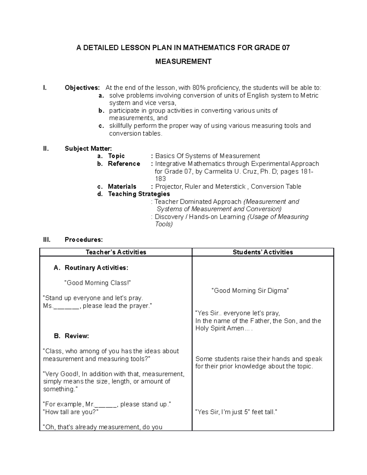 Lesson PLAN in MATH (Measurement) - A DETAILED LESSON PLAN IN ...