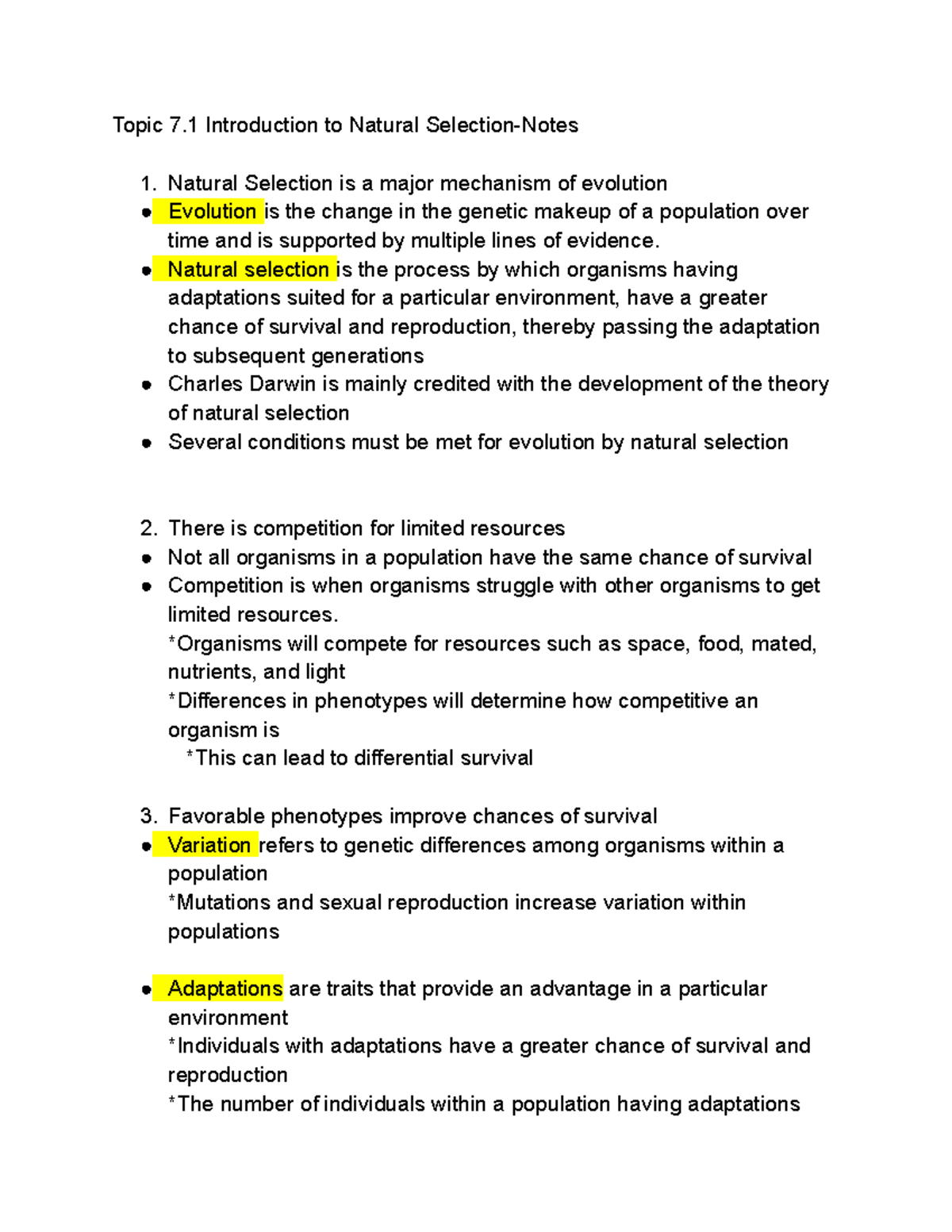 7.1 Notes - Topic 7 Introduction to Natural Selection-Notes Natural ...