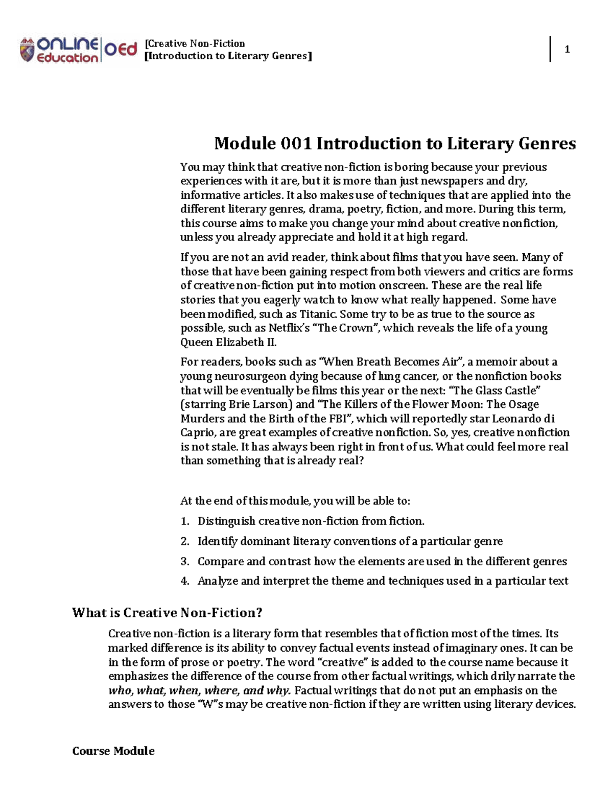 Literary 1 Module 001: Intro to Creative Nonfiction Genres - Studocu