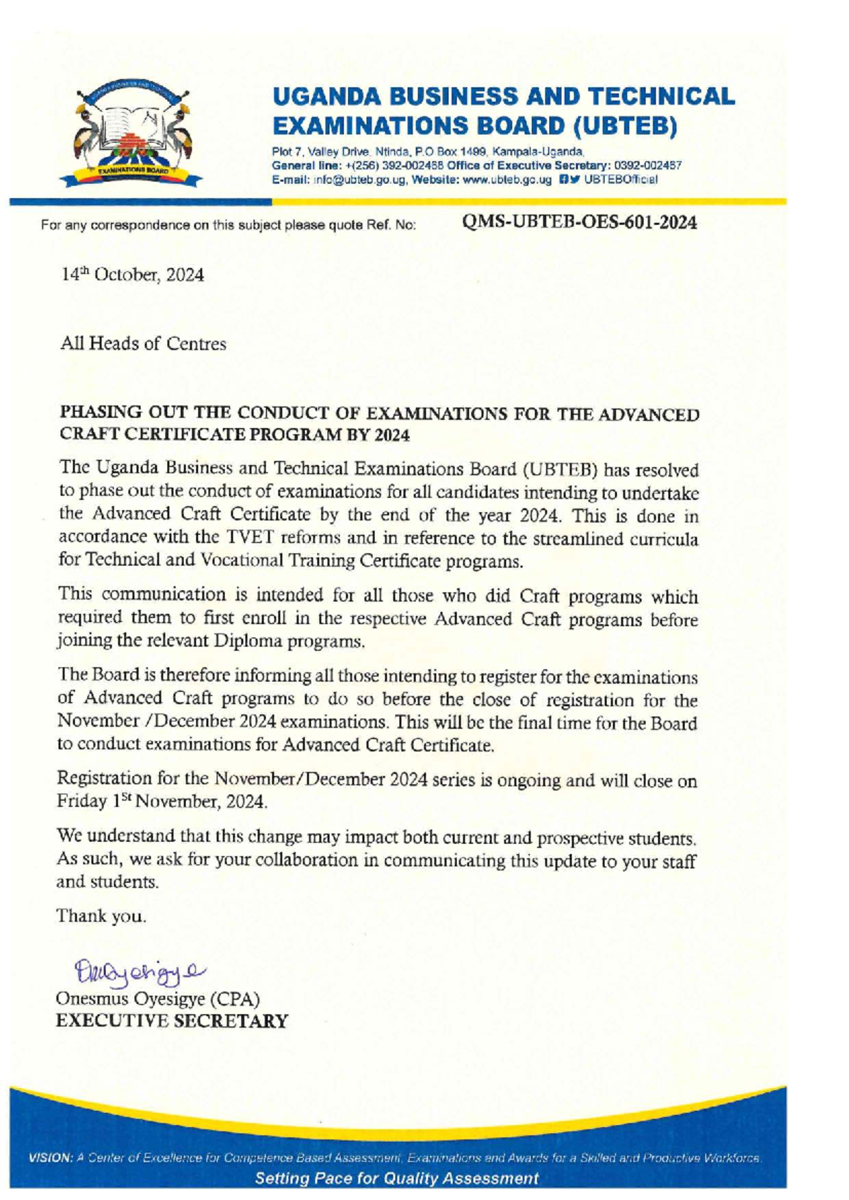 UBTEB Notice: Phasing Out Advanced Craft Certificate Exams by 2024 ...
