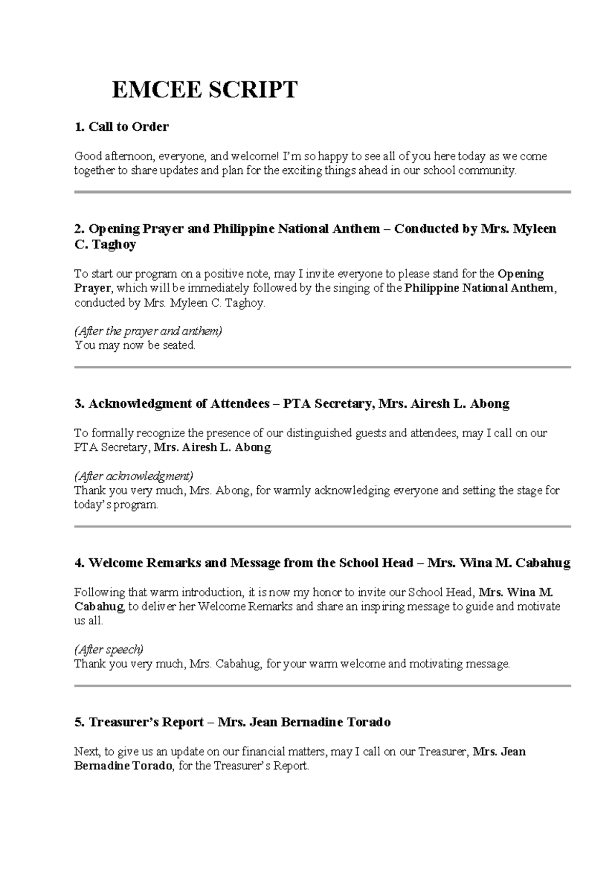 EMCEE SCRIPT: PTA Meeting Agenda and Flow - Studocu