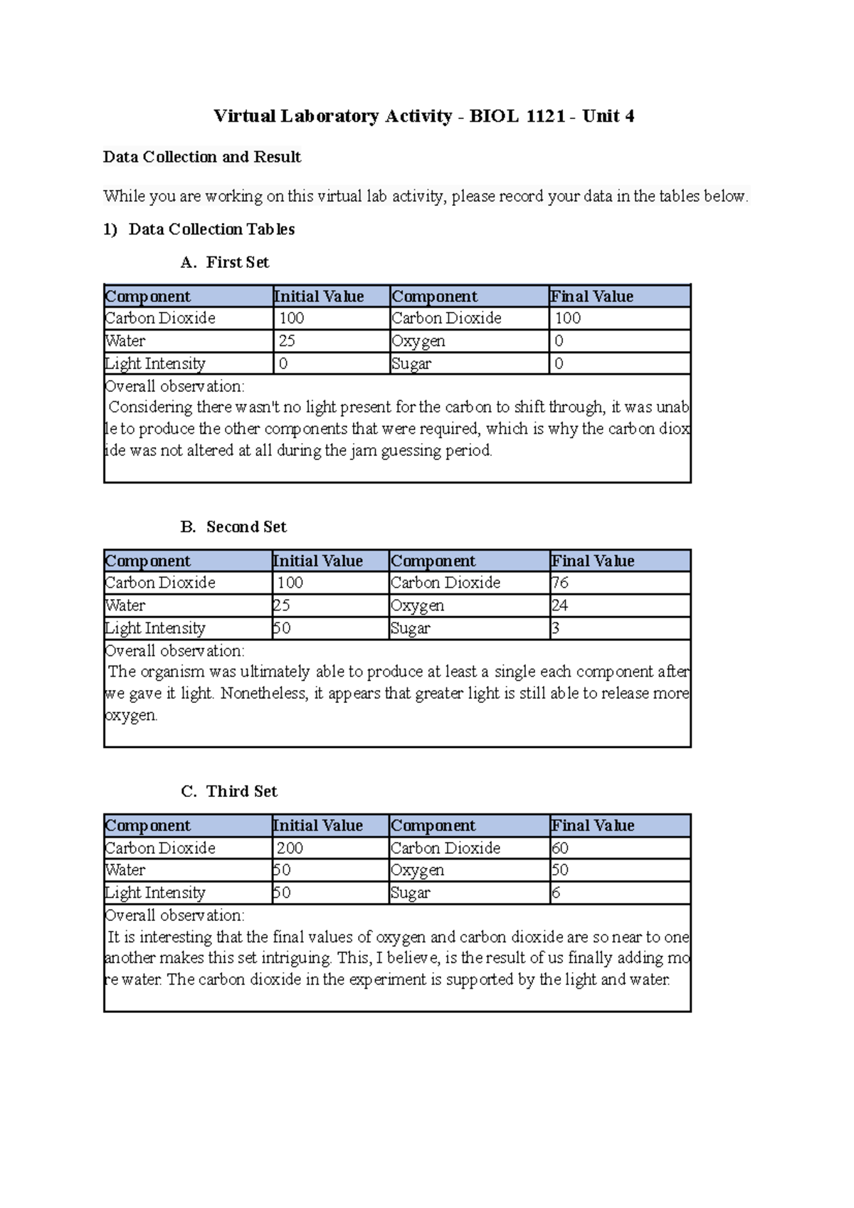 BIOL 1121-01 Virtual Lab Activity: Unit 4 Data & Observations - Studocu