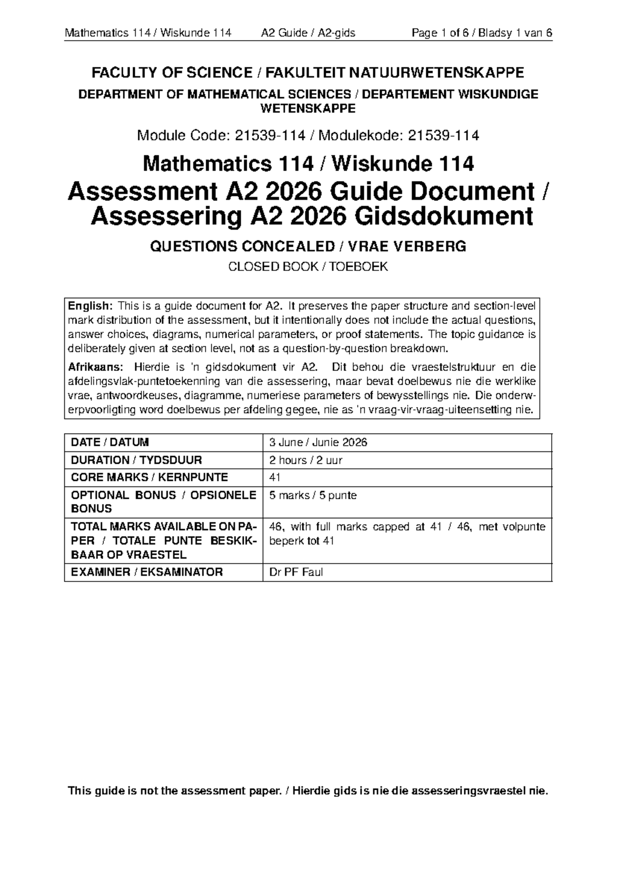 Mathematics 114 Wiskunde 114 A2 Assessment Guide 2026 - Studocu
