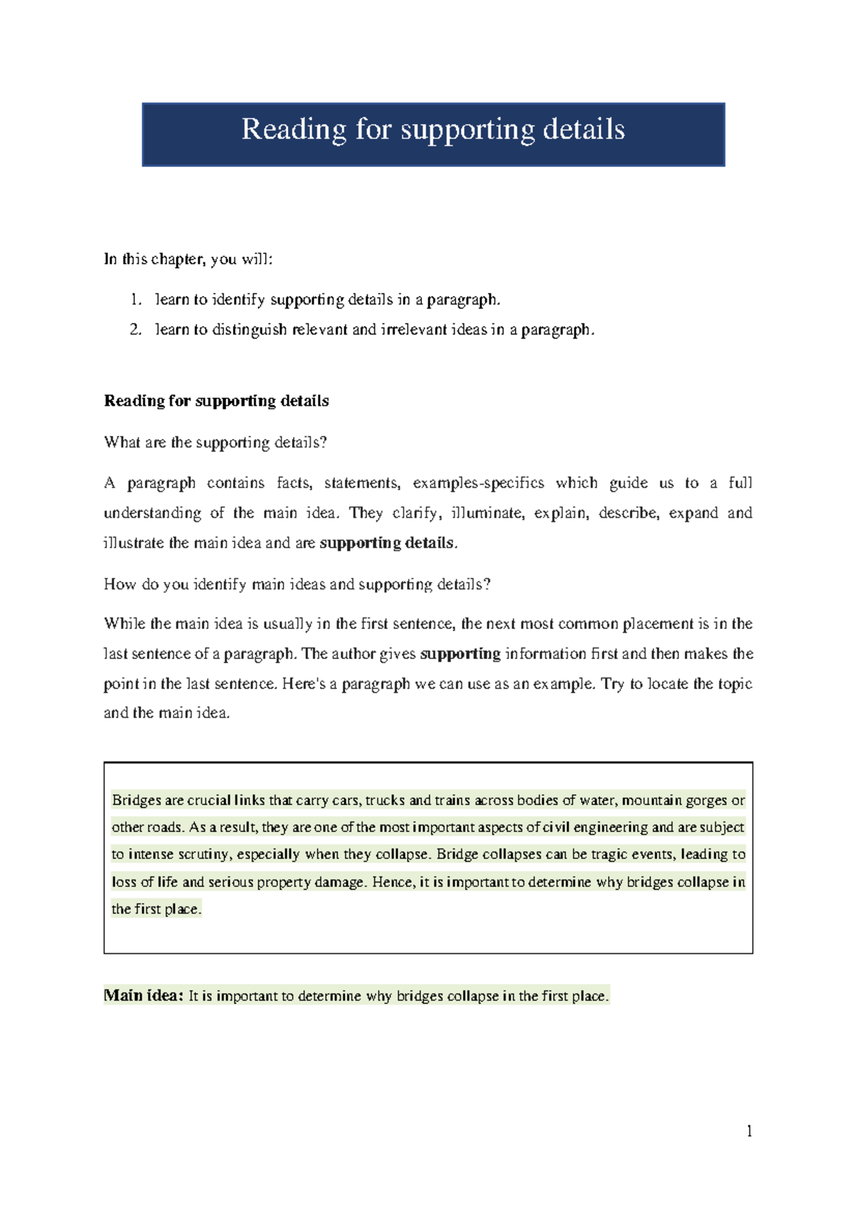 ENG 101: Supporting Details Identification Exercises and Insights - Studocu