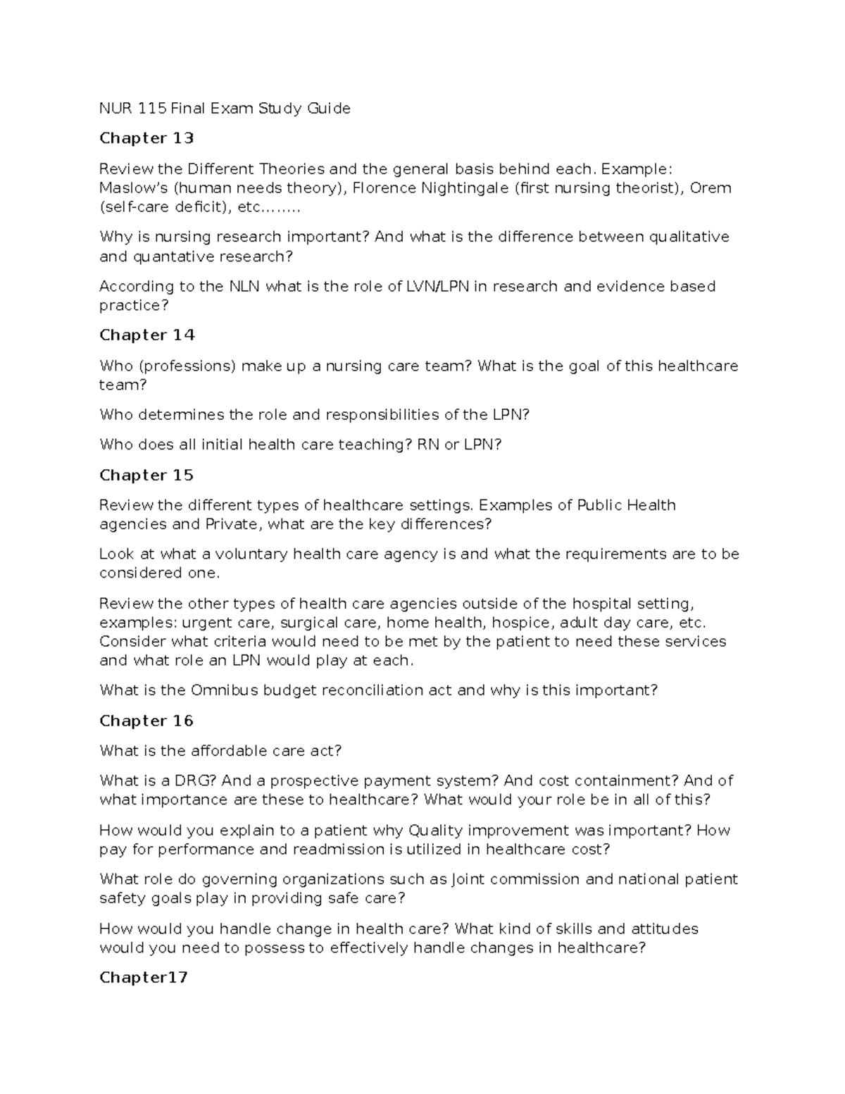 Study guide for NUR 115 Final - NUR 115 Final Exam Study Guide Chapter ...