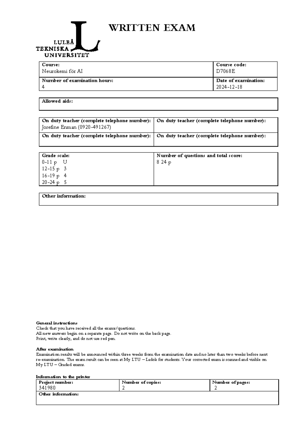 D7068E Written Exam Questions - Neurokemi för AI - Studocu