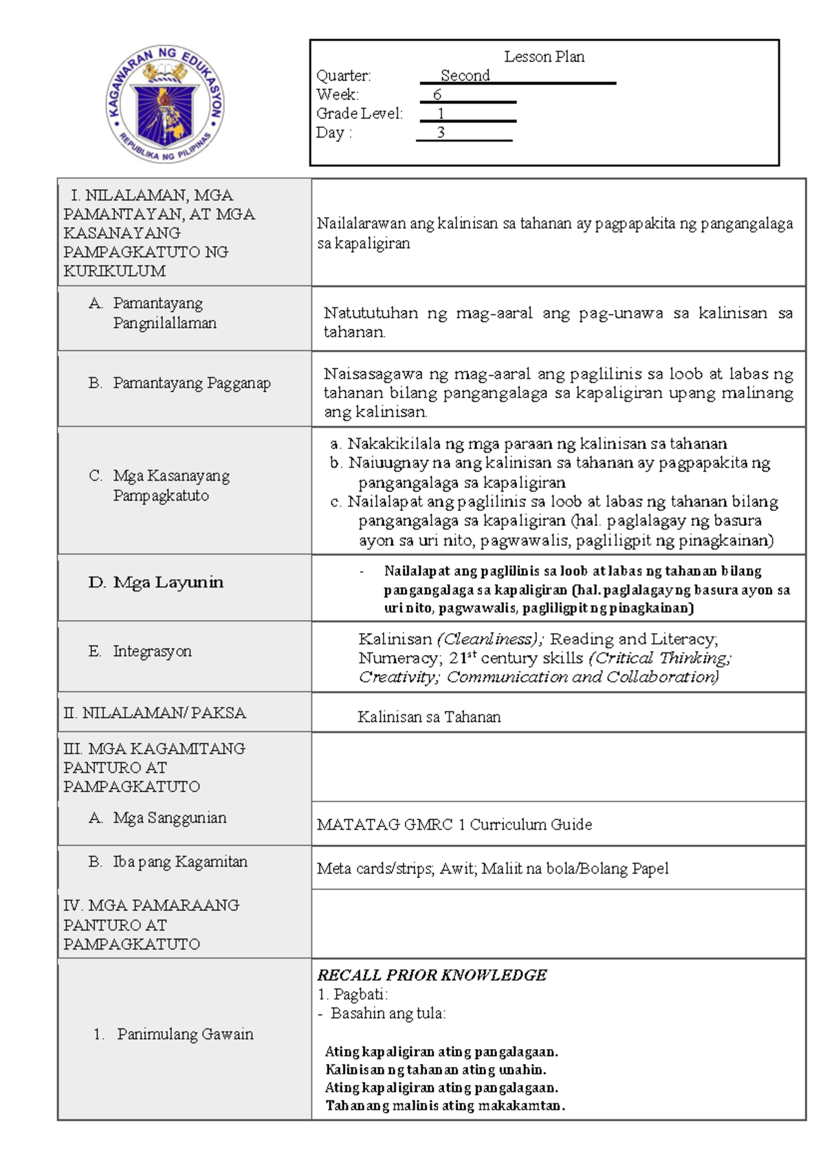 Q2 W6 GMRC 1 Lesson Plan: Kalinisan sa Tahanan - Studocu