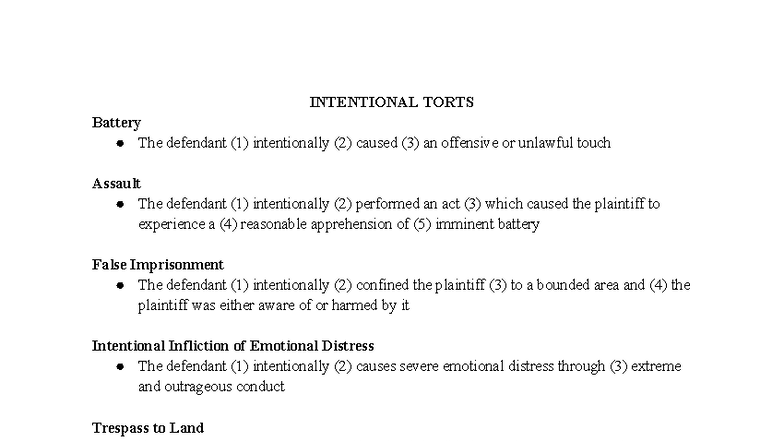 Torts (LAW 101) Short Outline: Intentional Torts & Negligence - Studocu