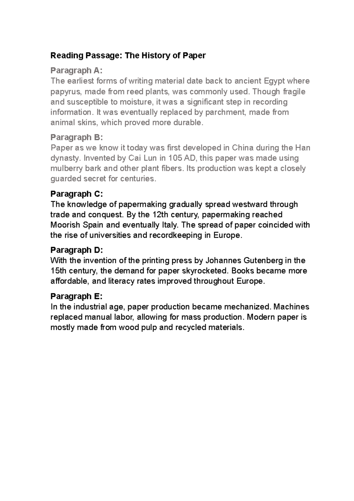 Reading Passage: The History of Paper - MIt P Mock Exam - Studocu