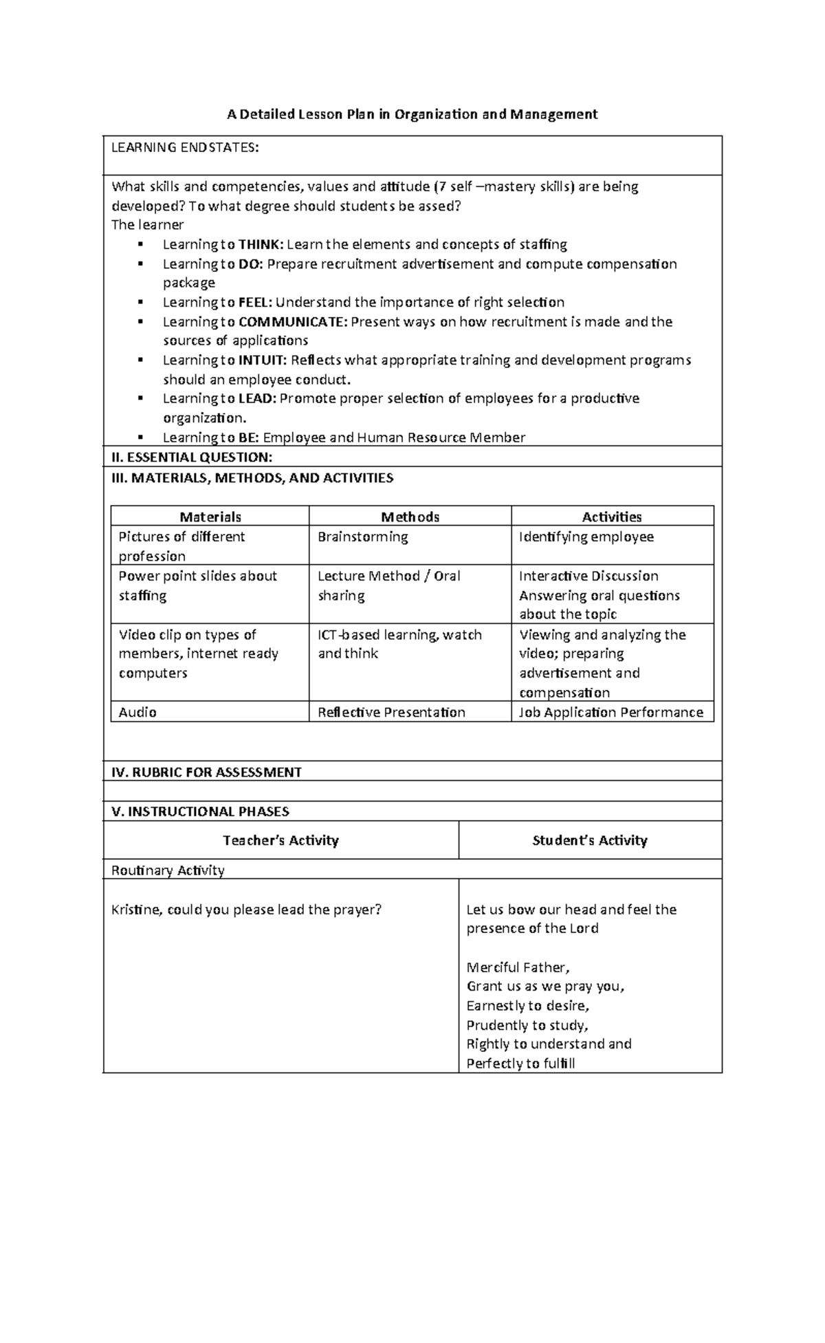 Organization and Management Lesson Plan (Course Code: OM101) - Studocu