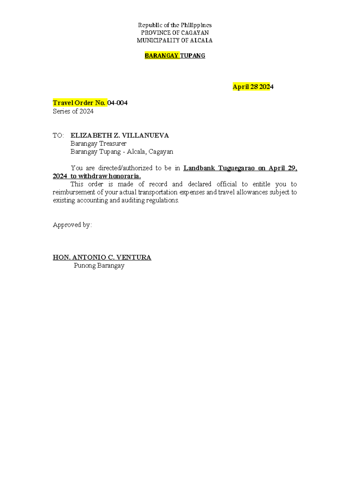 Travel Order No. 04- Series 2024 for Barangay Officials in Alcala - Studocu