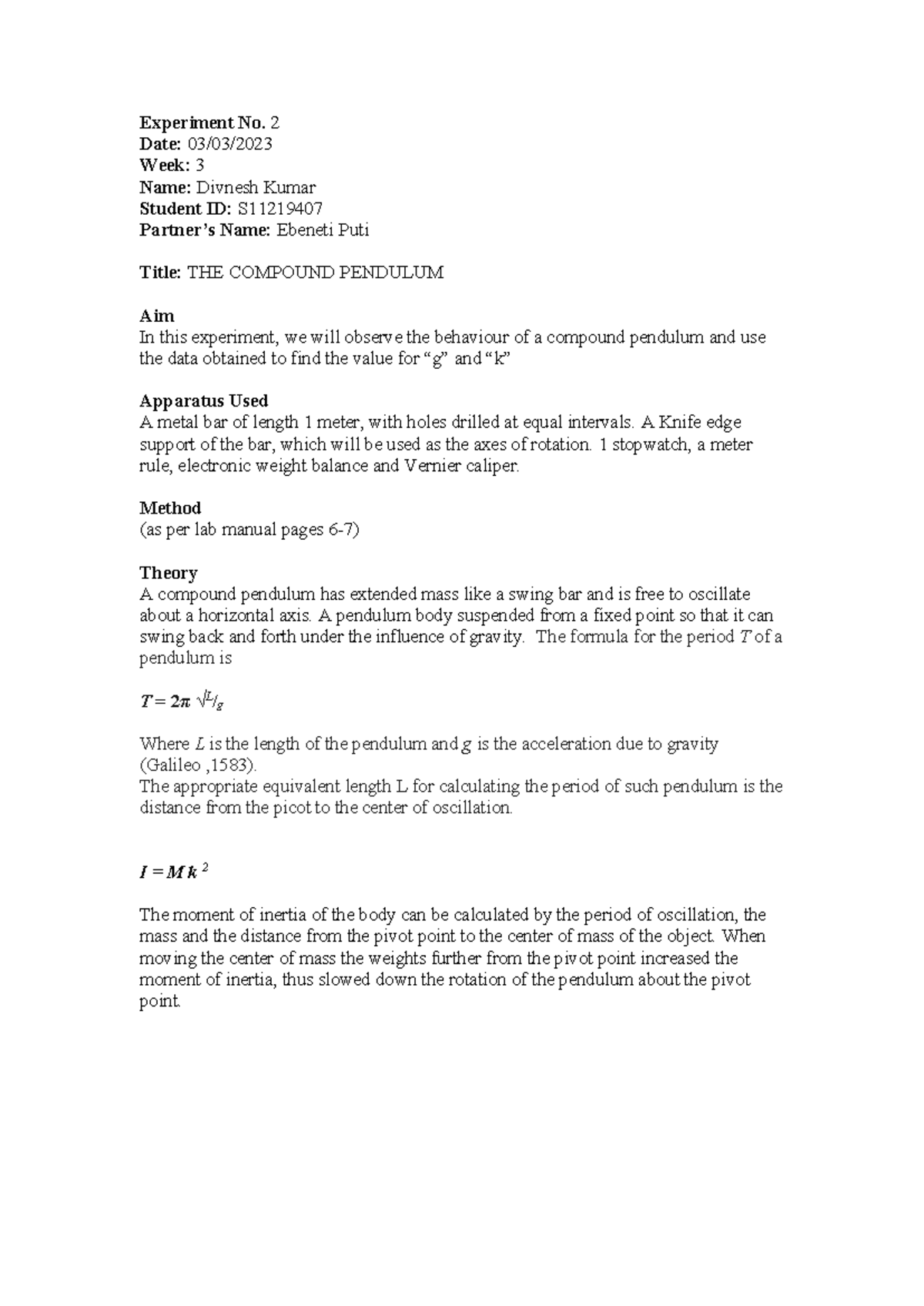 Lab Report 1: Analysis of the Compound Pendulum and Its Properties ...
