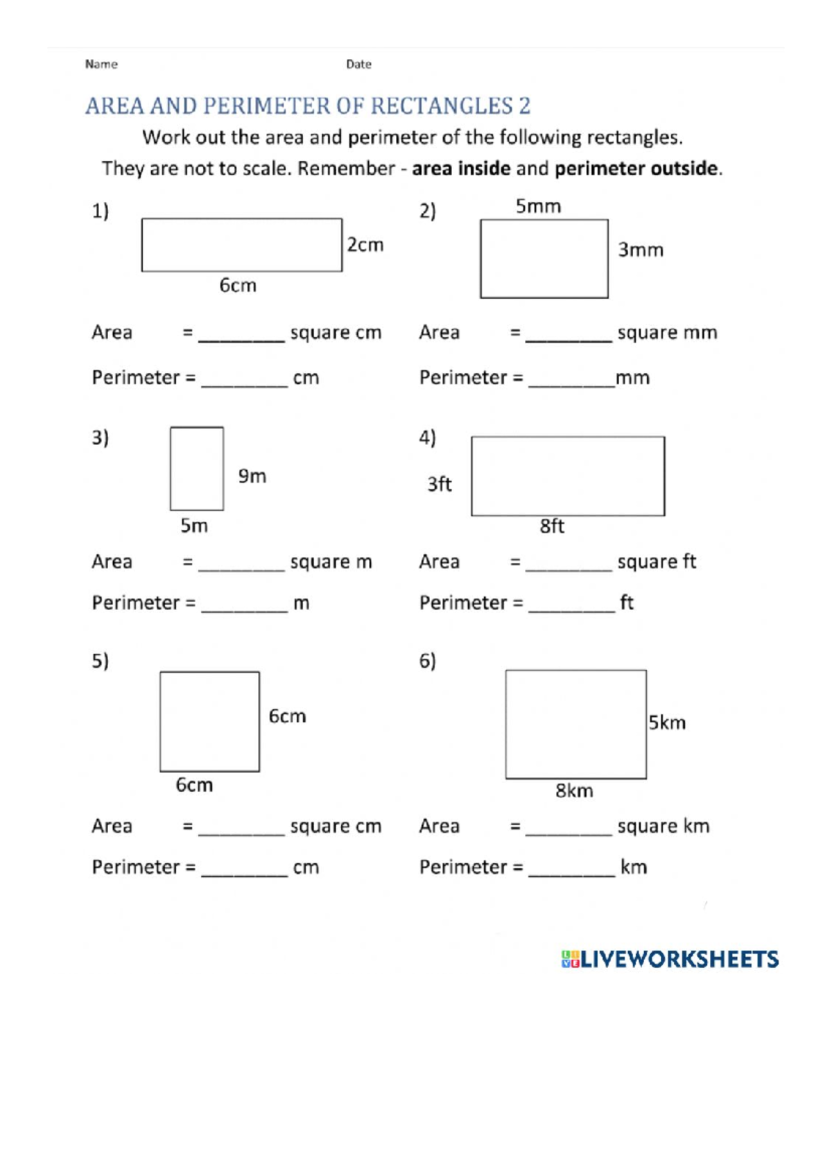 Area and Perimeter - Name Date AREA AND PERIMETER OF RECTANGLES 2 Work ...